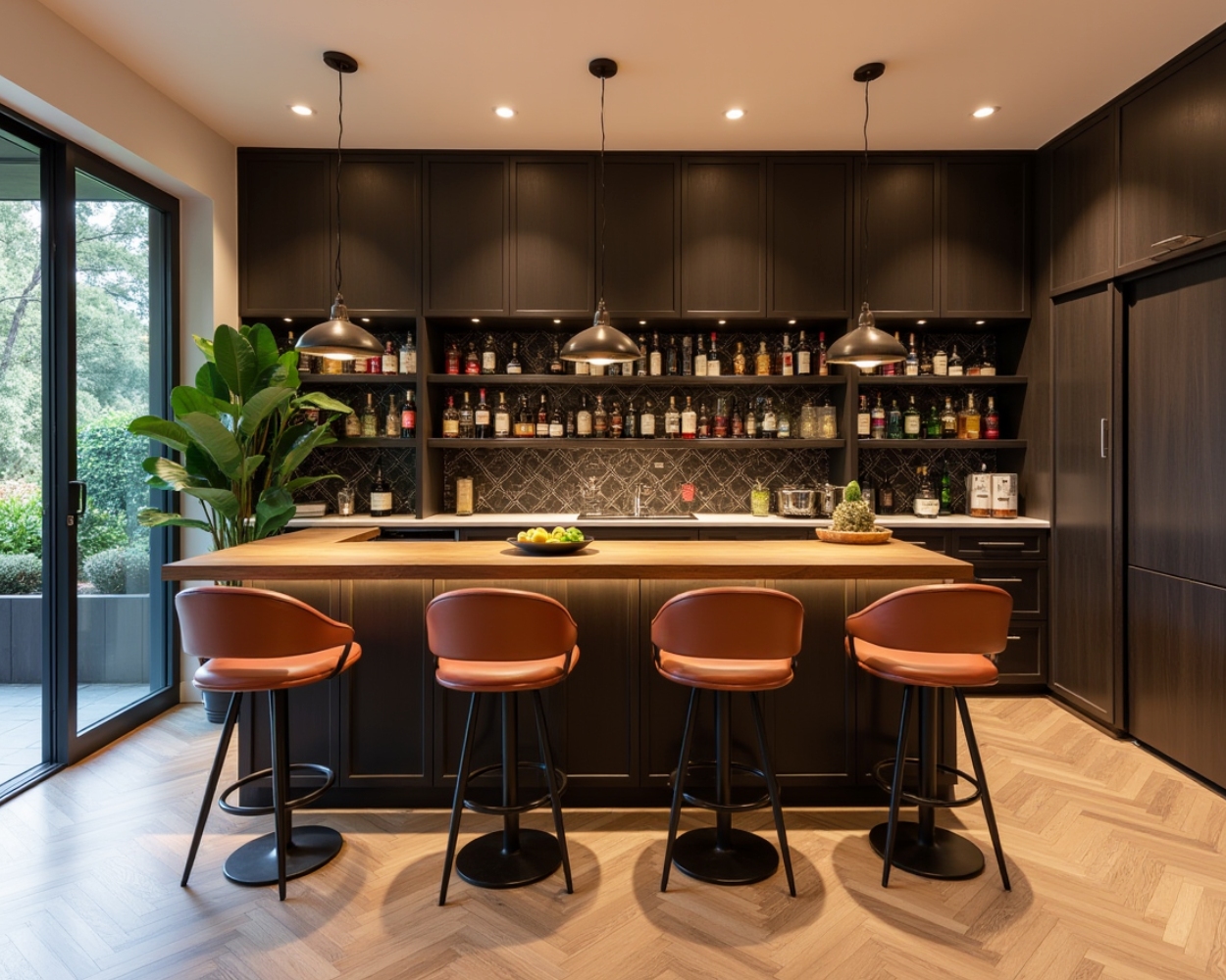 Modern Home Bar Design in Walnut Colour with Suede Laminate Finish ...