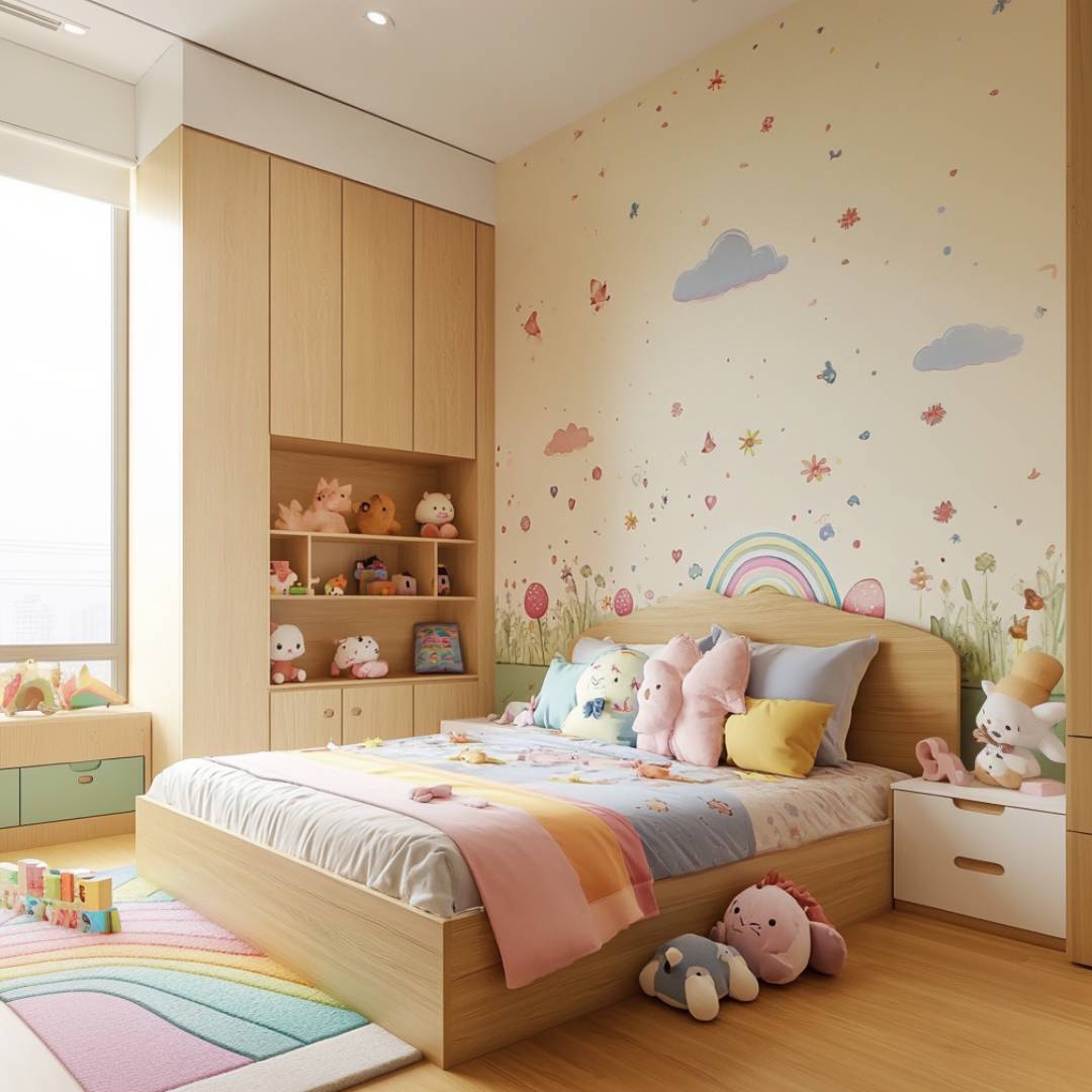 Multicolor Kids Room Wallpaper Design with Rainbows, Clouds and Flower ...