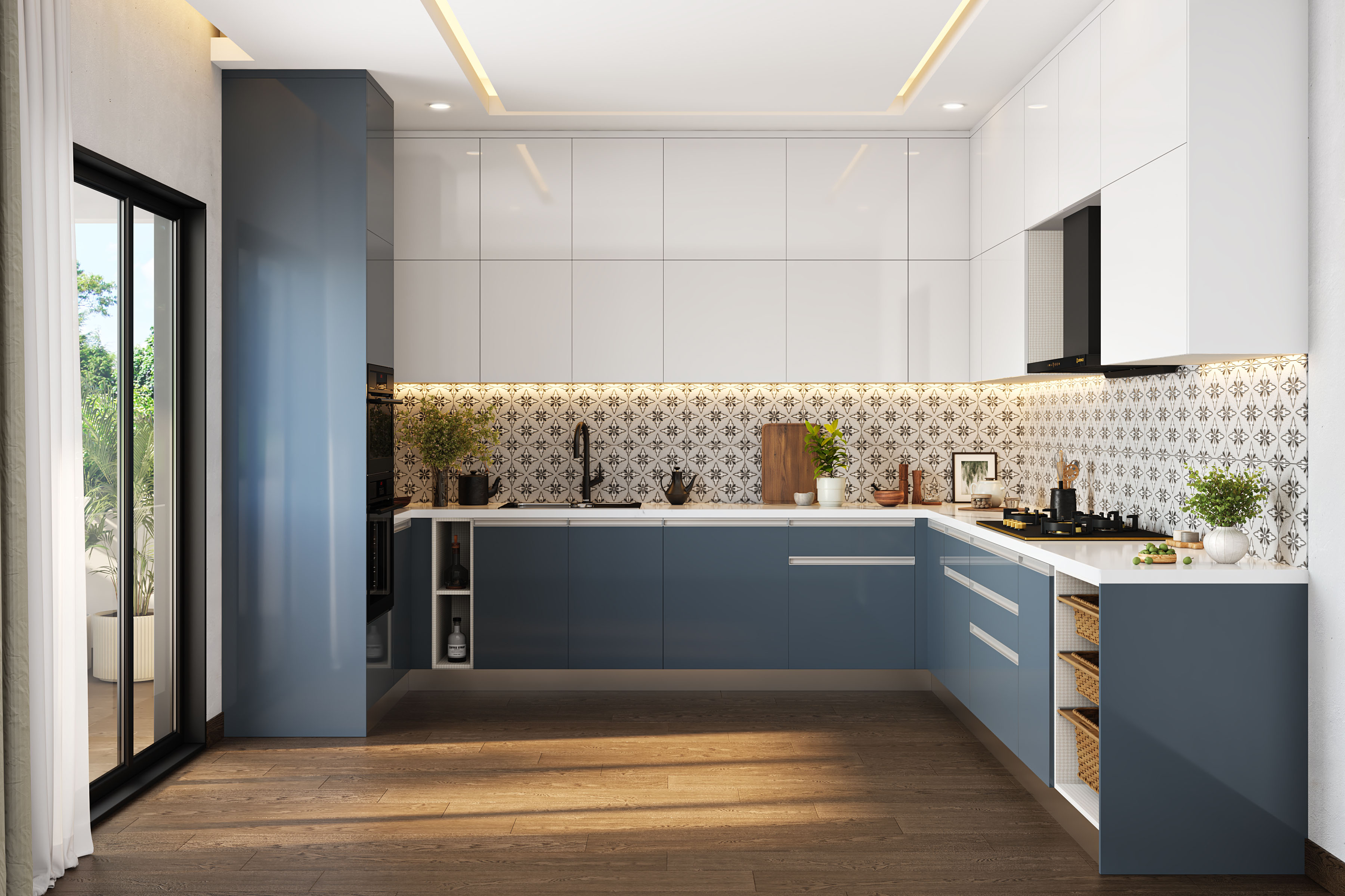 Modern L-Shaped Kitchen Design with Blue and White High-Gloss Finish ...