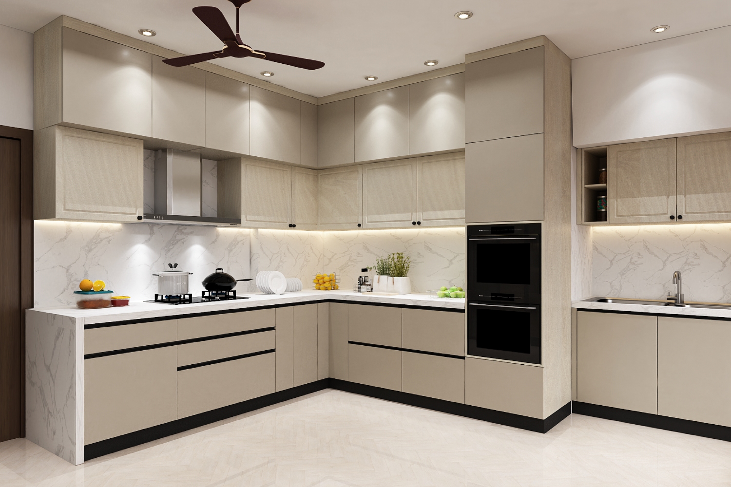 L-Shaped Modern Kitchen Design with LED Lighting, Suede Finish and ...