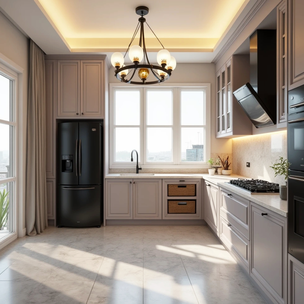 L-Shaped Kitchen with Contemporary Open Shelving, Marble Countertop and ...