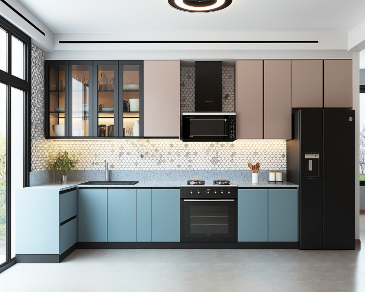 L-Shaped Kitchen Design with Contemporary Granite Countertop and Glass ...