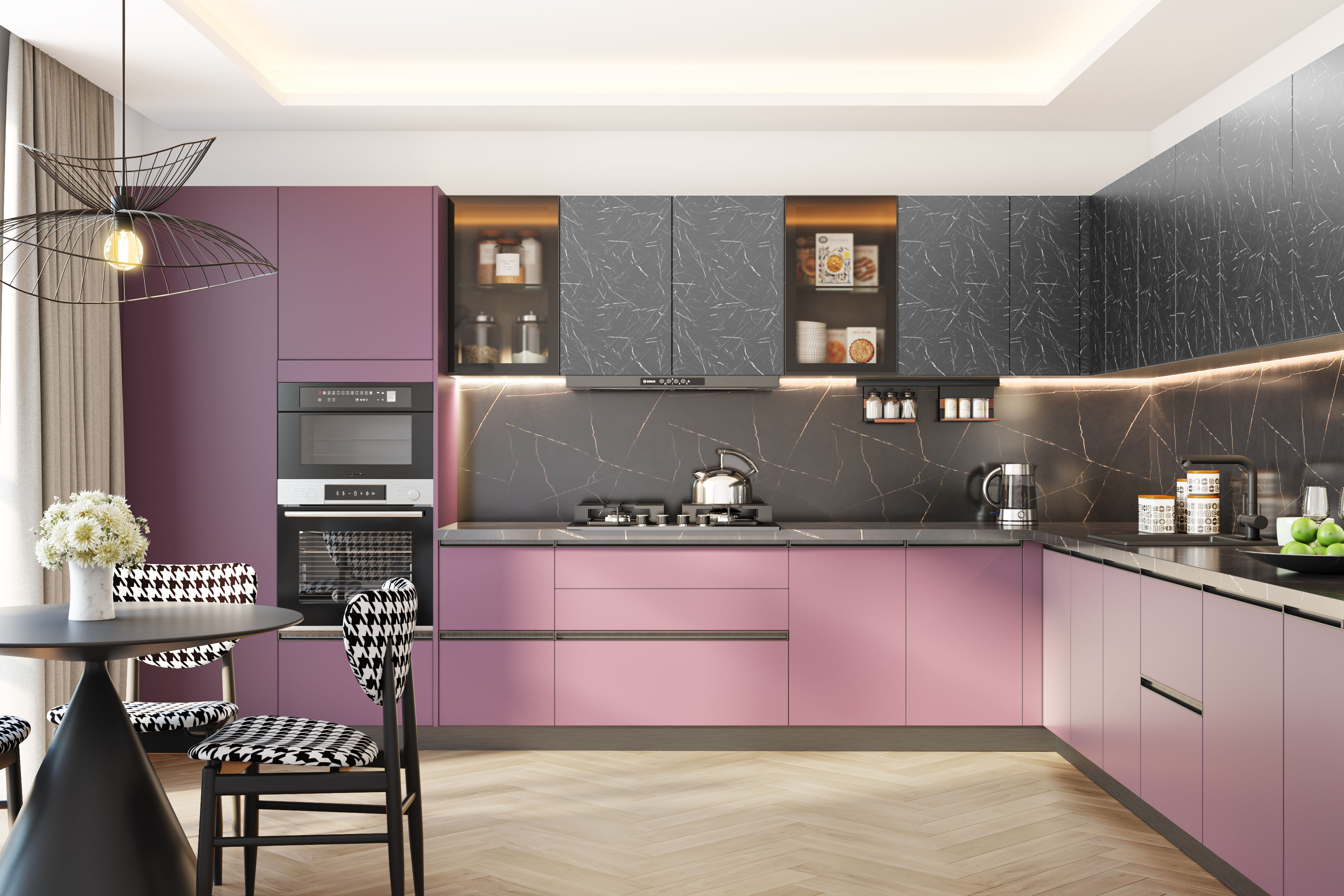 L-Shaped Modern Kitchen Design with Violet Matte Cabinets and Black ...