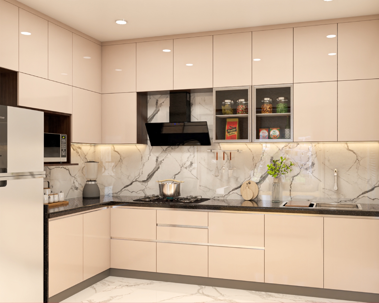 Contemporary L-Shaped Kitchen Design with Granite Countertop, Soft ...