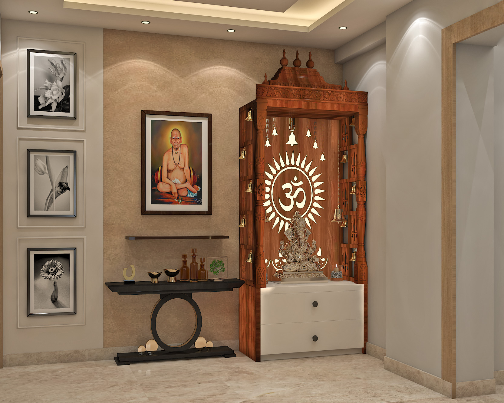 Walnut Contemporary Pooja Unit Design with Drawers, Intricate Woodwork ...