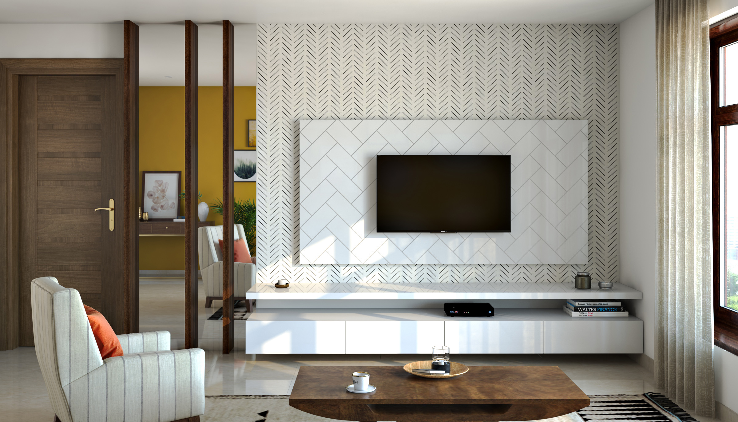 White Modern TV Unit Design with a Textured Accent Back Panel and High ...