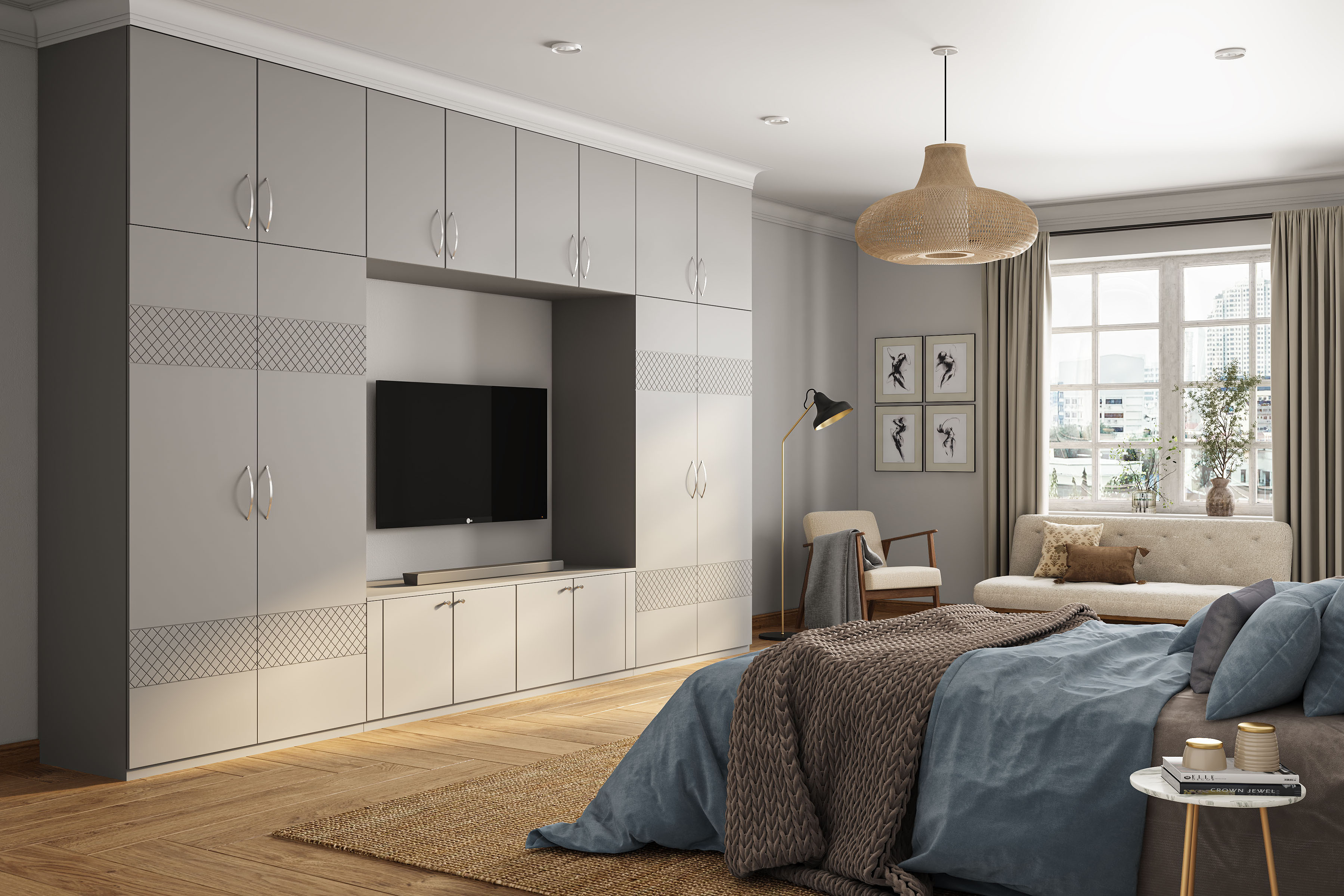 Floor-to-Ceiling Modern Grey TV Unit Design with Wardrobe Storage and ...