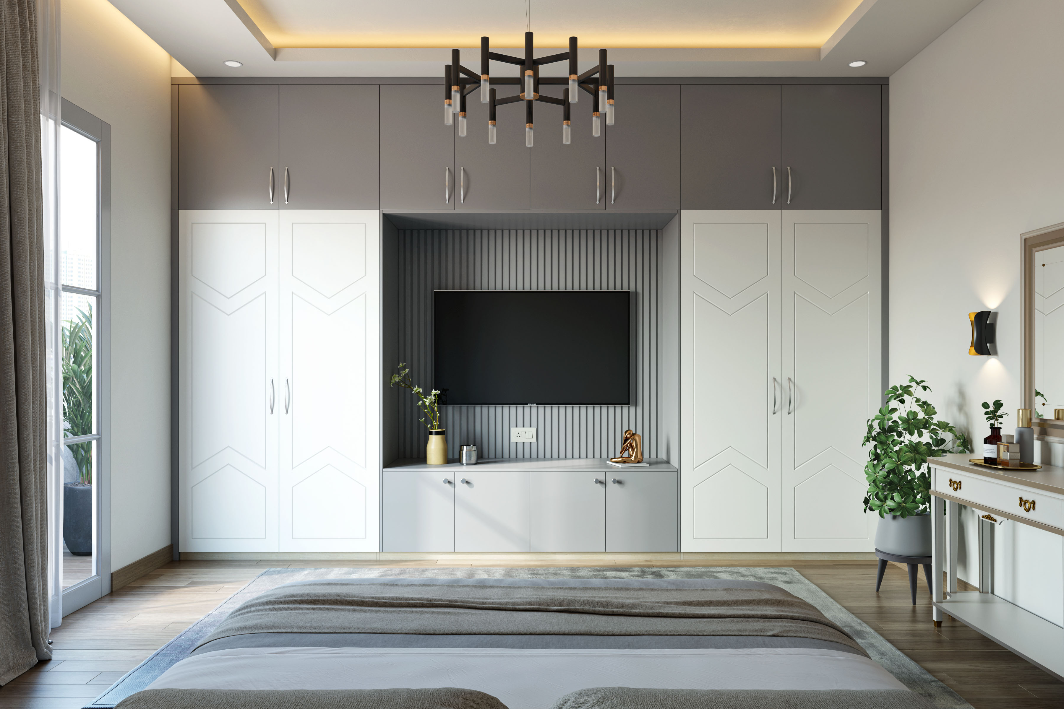 TV Unit with Contemporary Suede Laminate Shutters and Sleek Storage ...