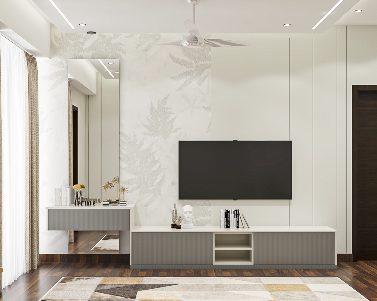 Modern TV Unit Design with Suede Finish and Open Shelving Space | Livspace