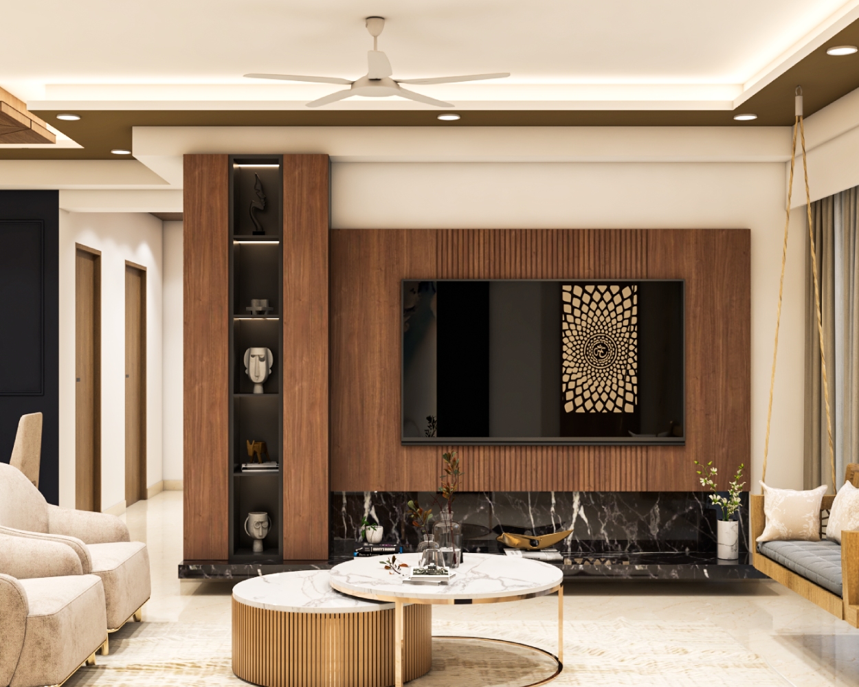 High-Gloss Black Modern TV Unit Design with Shelving and Marble ...