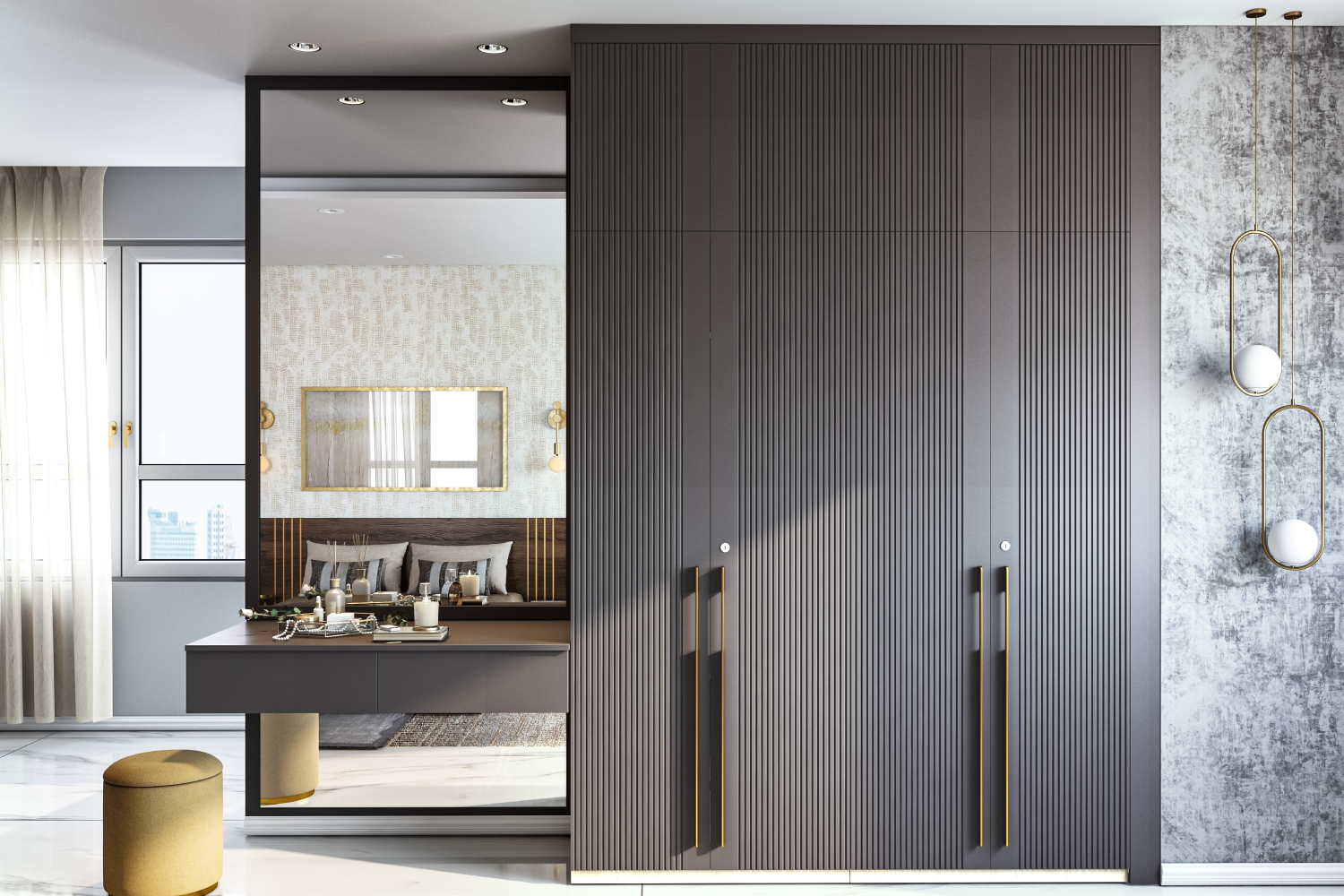 Contemporary 4-Door Swing Wardrobe Design with Attached Dressing Table ...