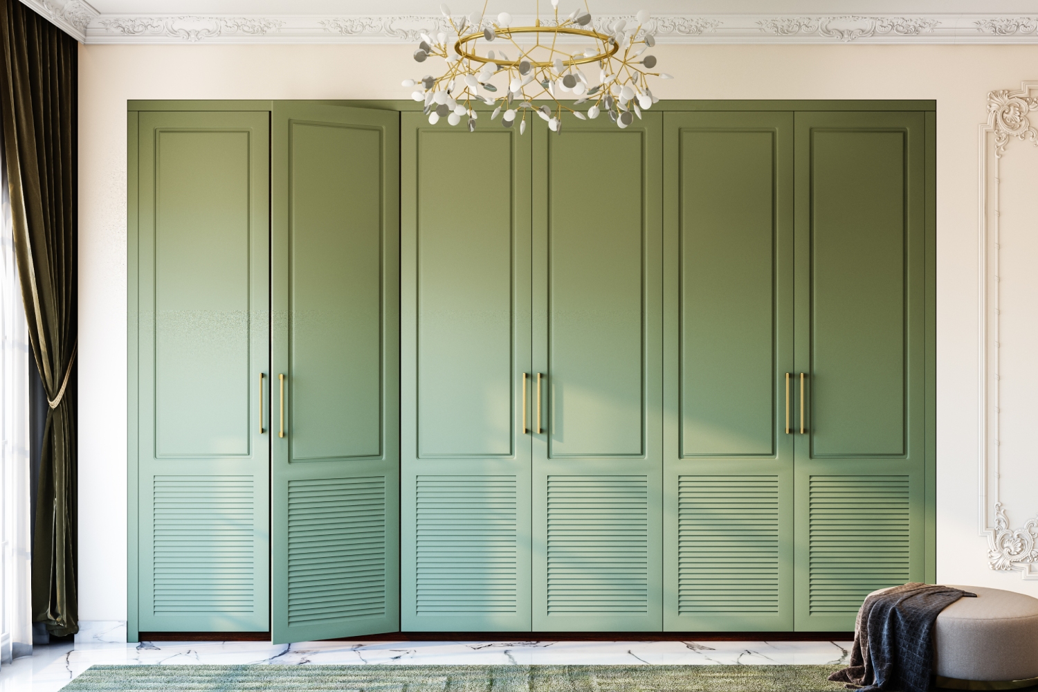 6-Door Olive Green Contemporary Swing Wardrobe Design with Gold ...