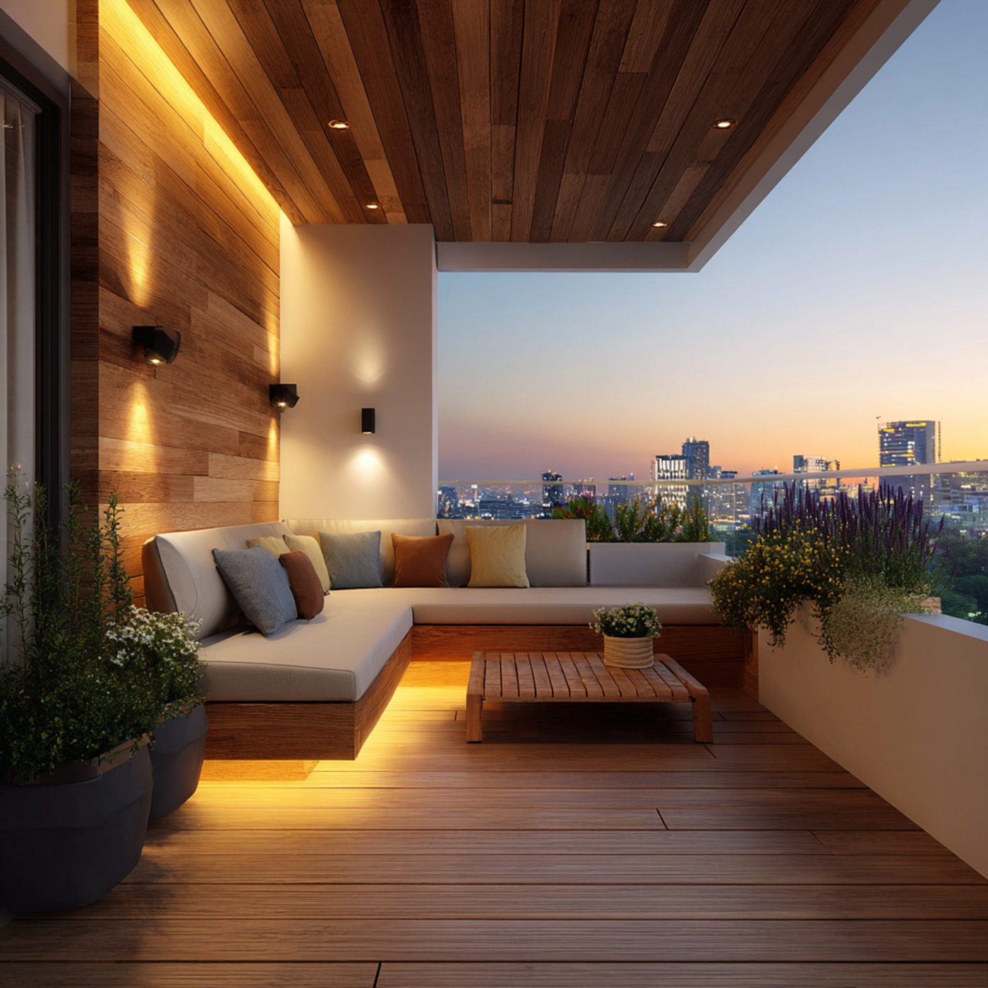 Balcony Design With Contemporary L-Shaped Seating, Wood Wall and Built ...