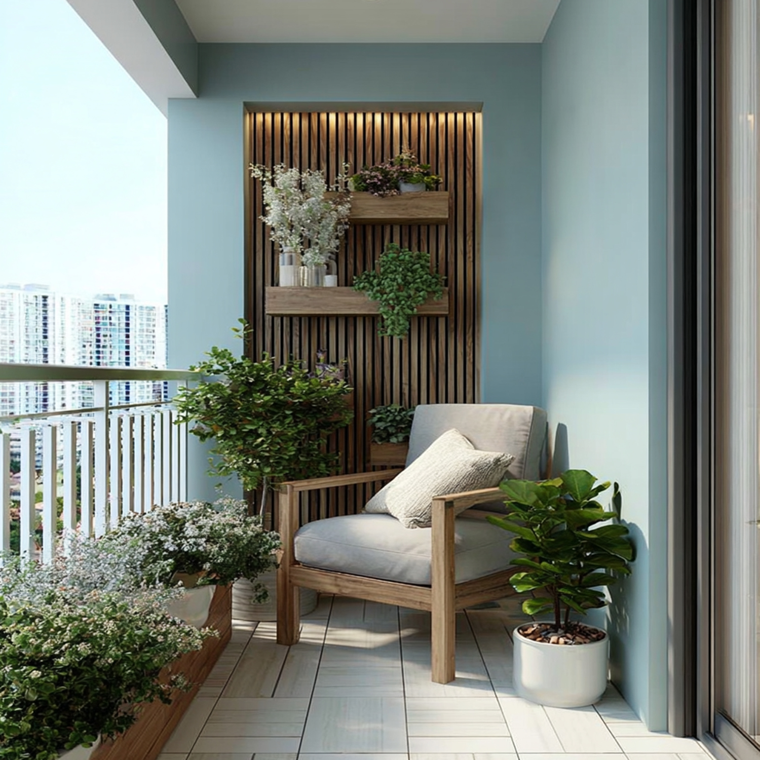 Modern Balcony Design with Planters, Armchair and Vertical Wood Feature ...