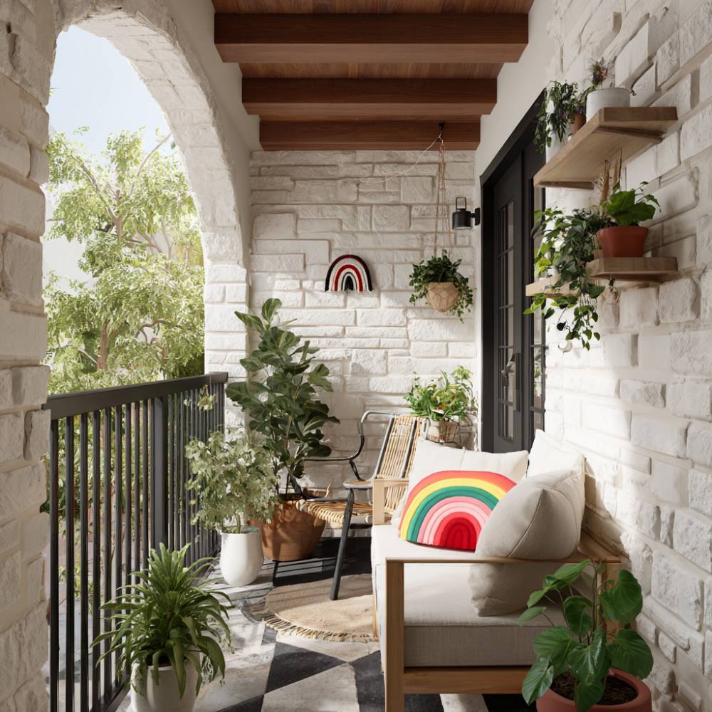 Minimal Balcony Design with Brick Texture Stone Wall and Built In ...