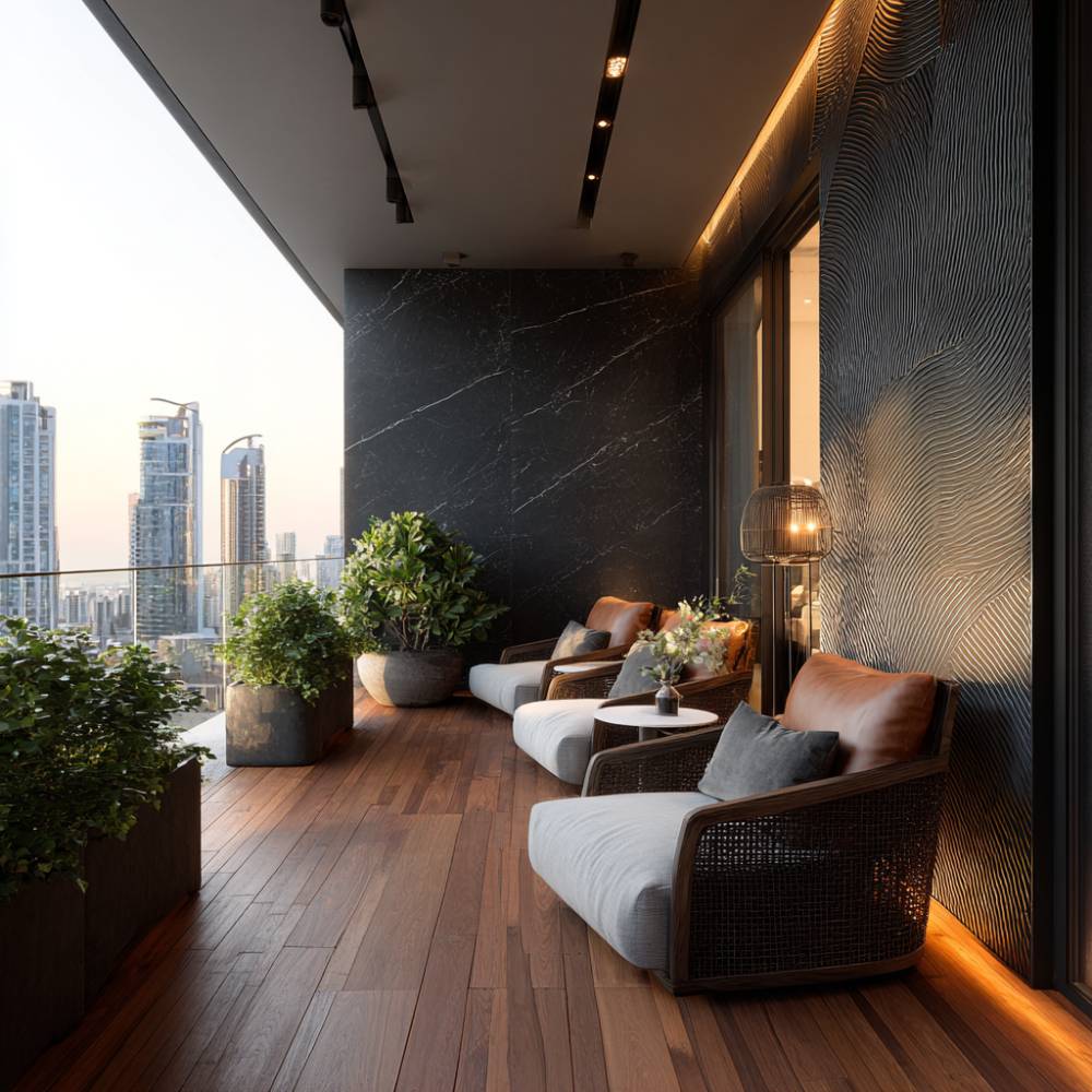 Texture Stone Cladding Modern Balcony Design with Light Wicker Seating ...