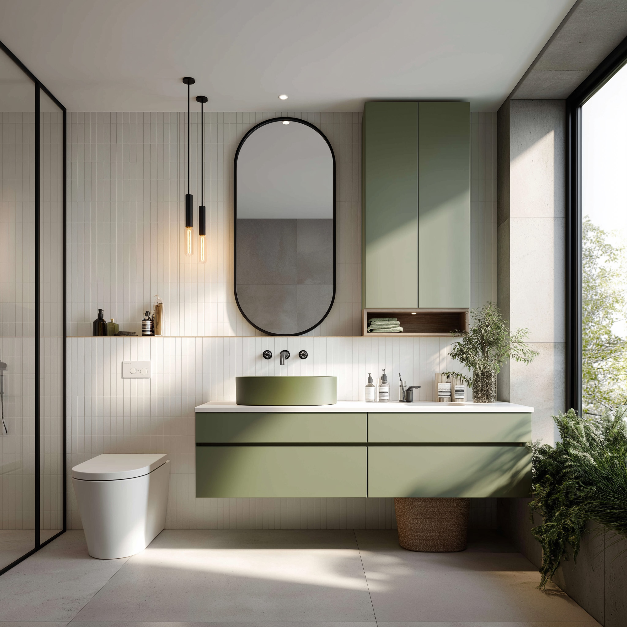 Modern Bathroom Design Featuring Off-White Tiles, Oval Mirror and ...