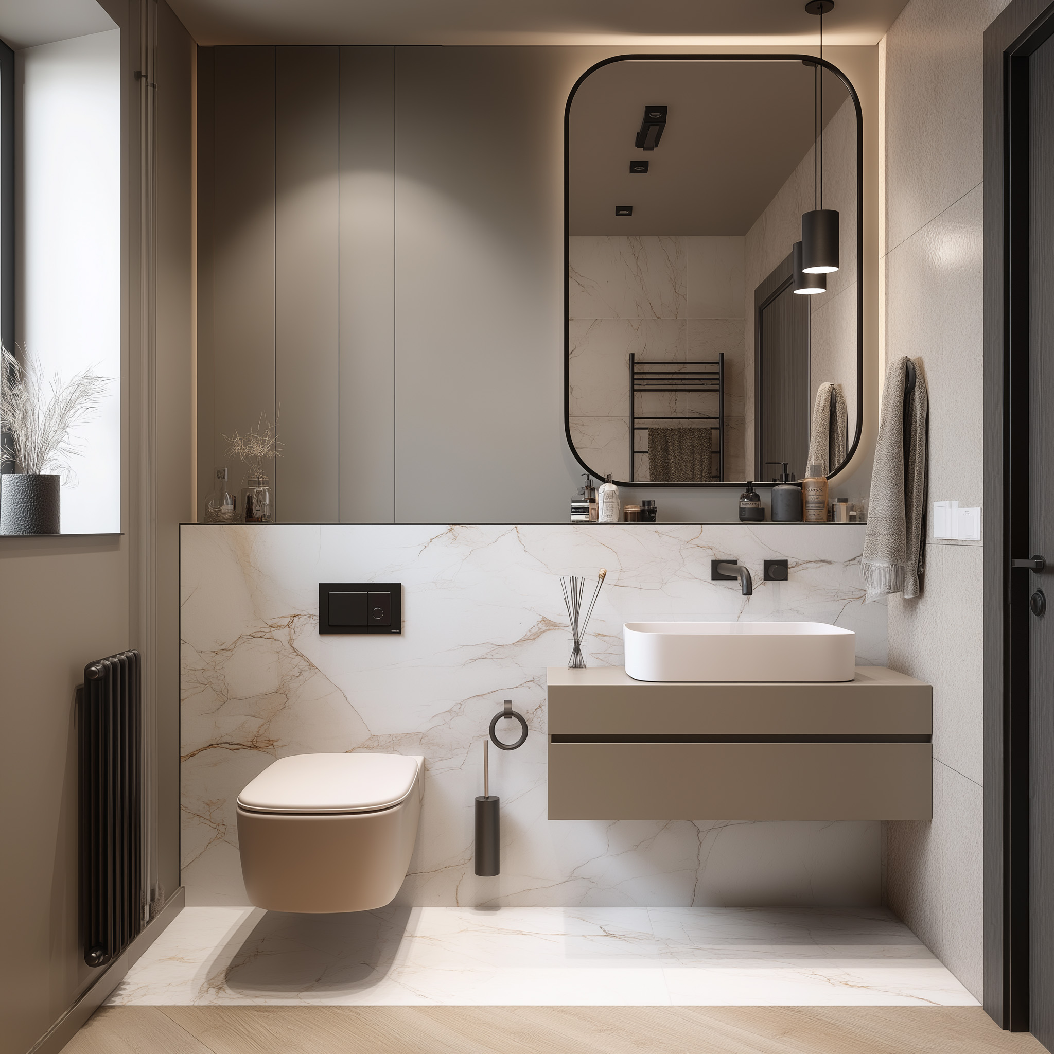 Modern Biege and Brown Bathroom Design with Marble Backsplash and ...