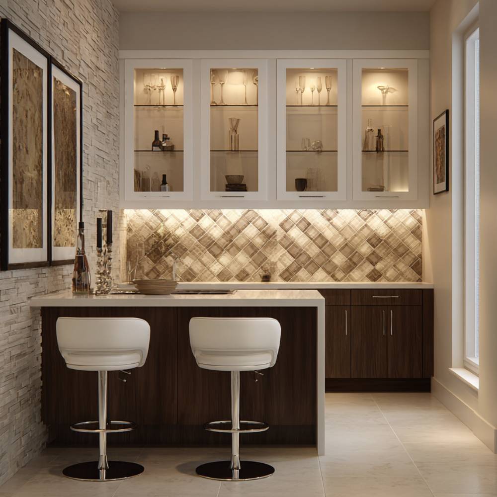 Champagne and Walnut Contemporary Bar Style Crockery Unit Design | Livspace