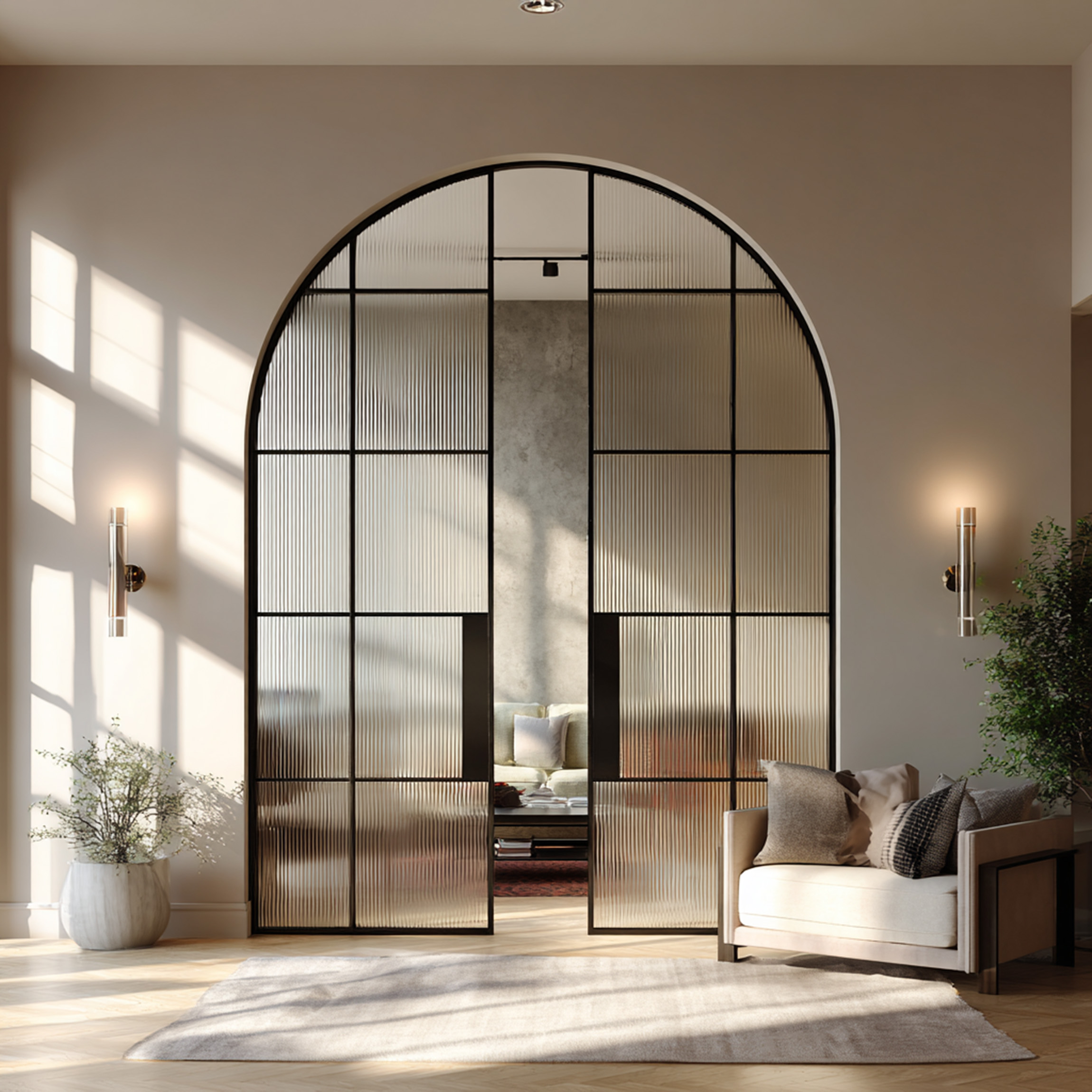 Black Framed Modern Sliding Glass Living Room Double Door Design | Livspace