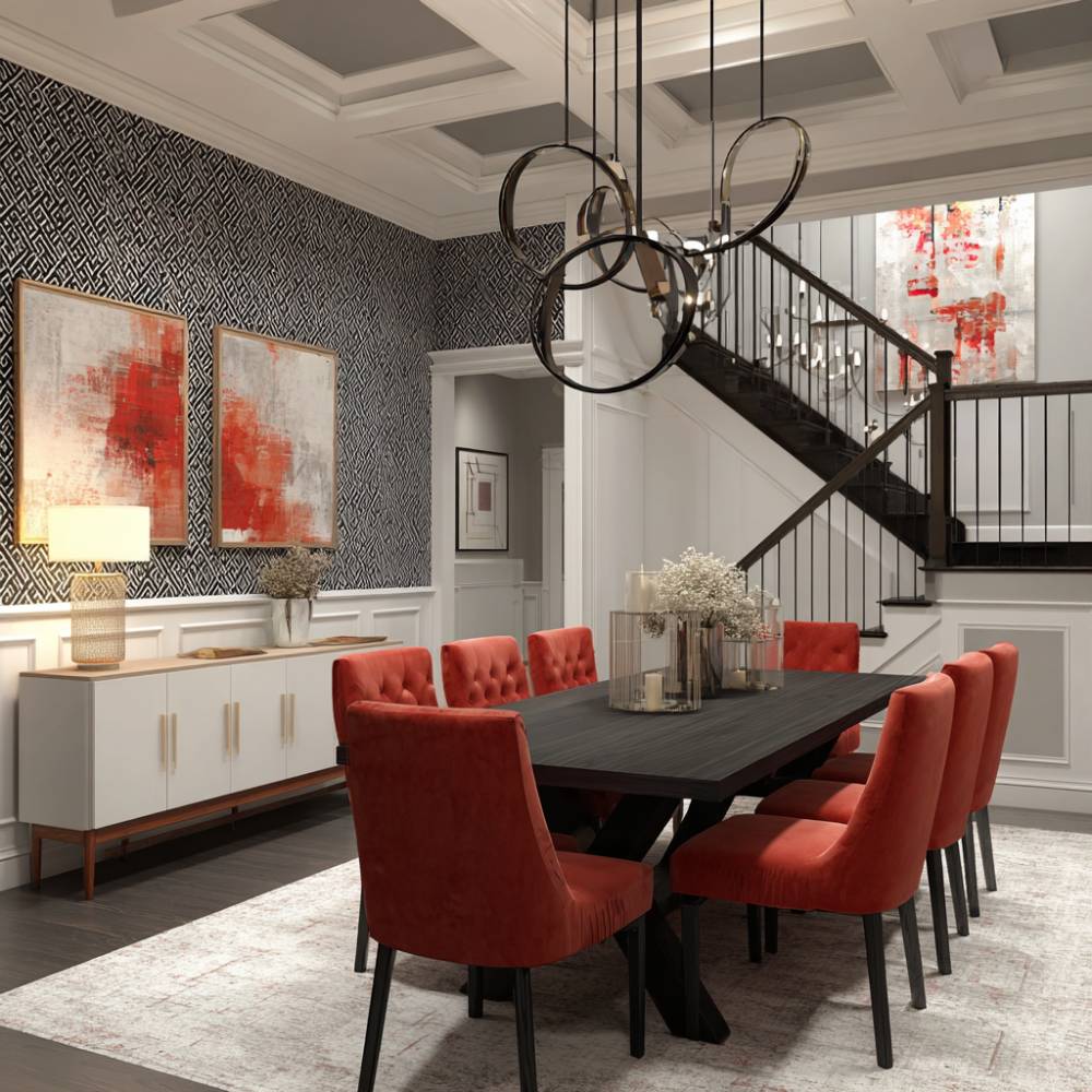 8-Seater Contemporary Dining Room Design with Red Velvet Seating and ...