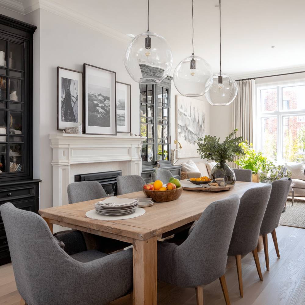 Modern Glass Cabinet Dining Room Design with Fireplace Storage | Livspace