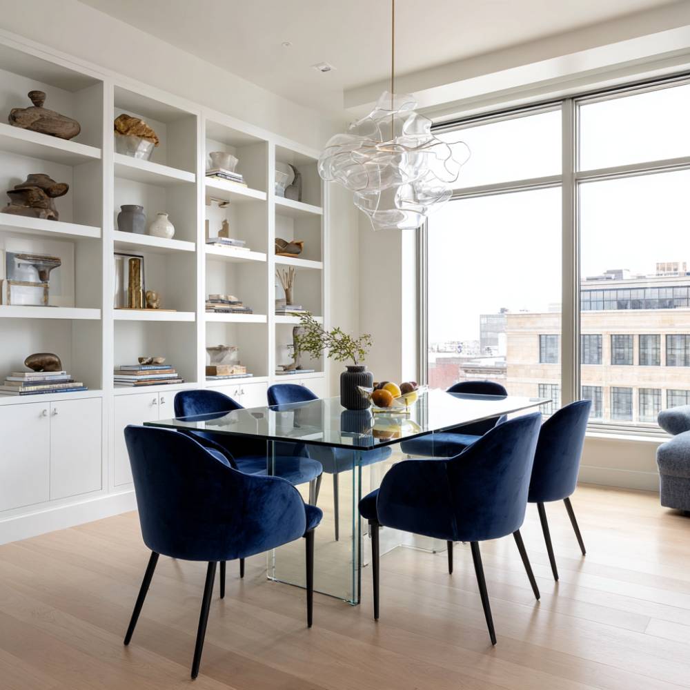 6-Seater Minimal Dining Room Design with Glass Top Table | Livspace