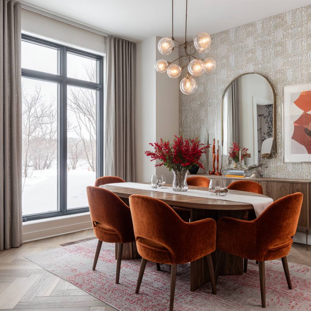 Modern Oval Table Dining Room Design with Burnt Orange Chairs | Livspace