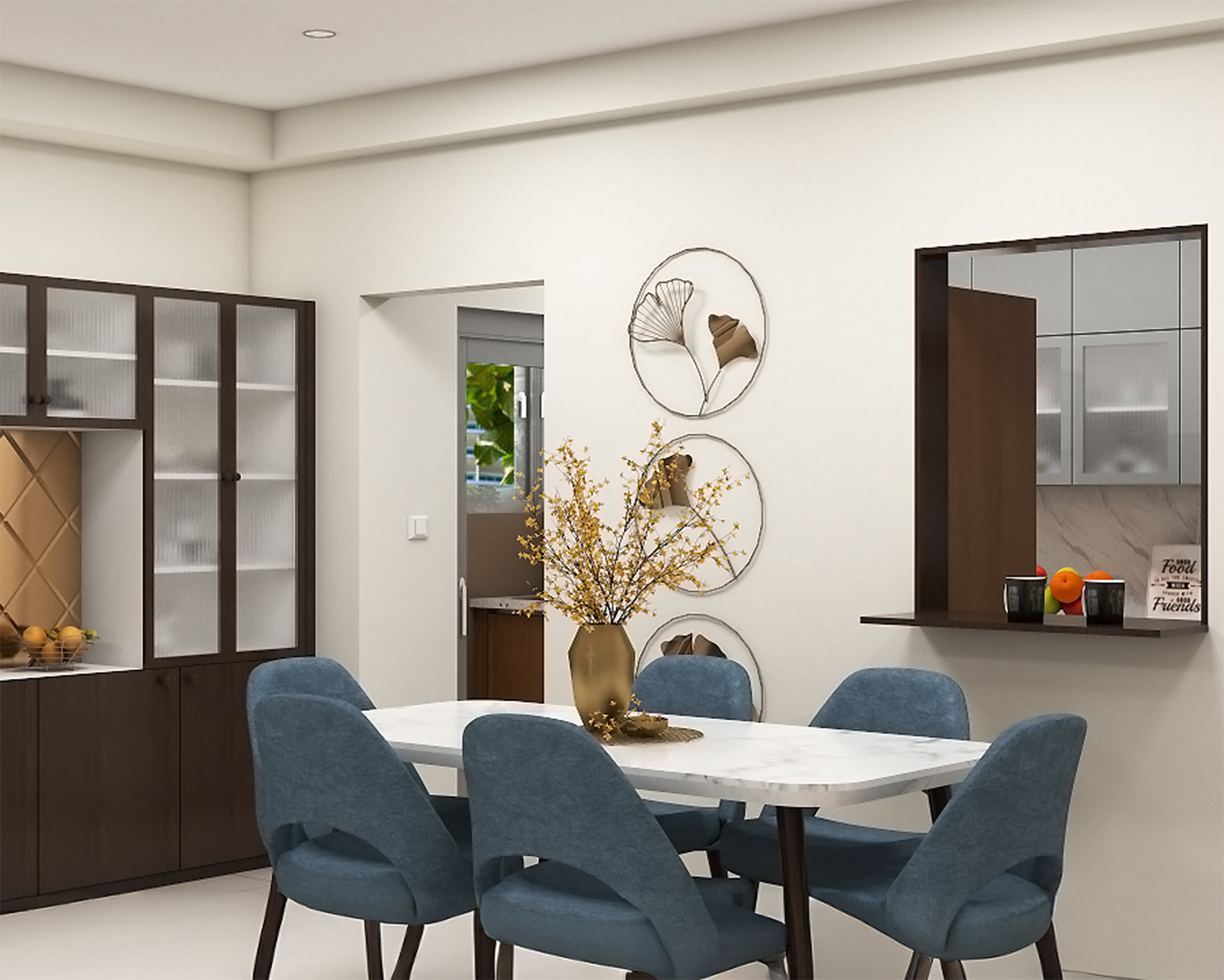 Contemporary Dining Room Design with Marble Table and Blue Chairs ...