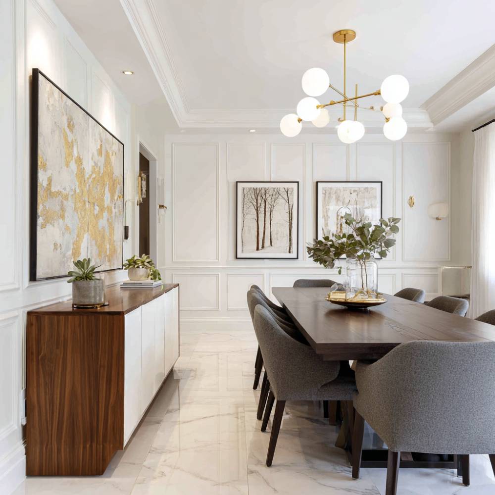 Contemporary Dining Room Design with Dark Wood Table and Brass ...