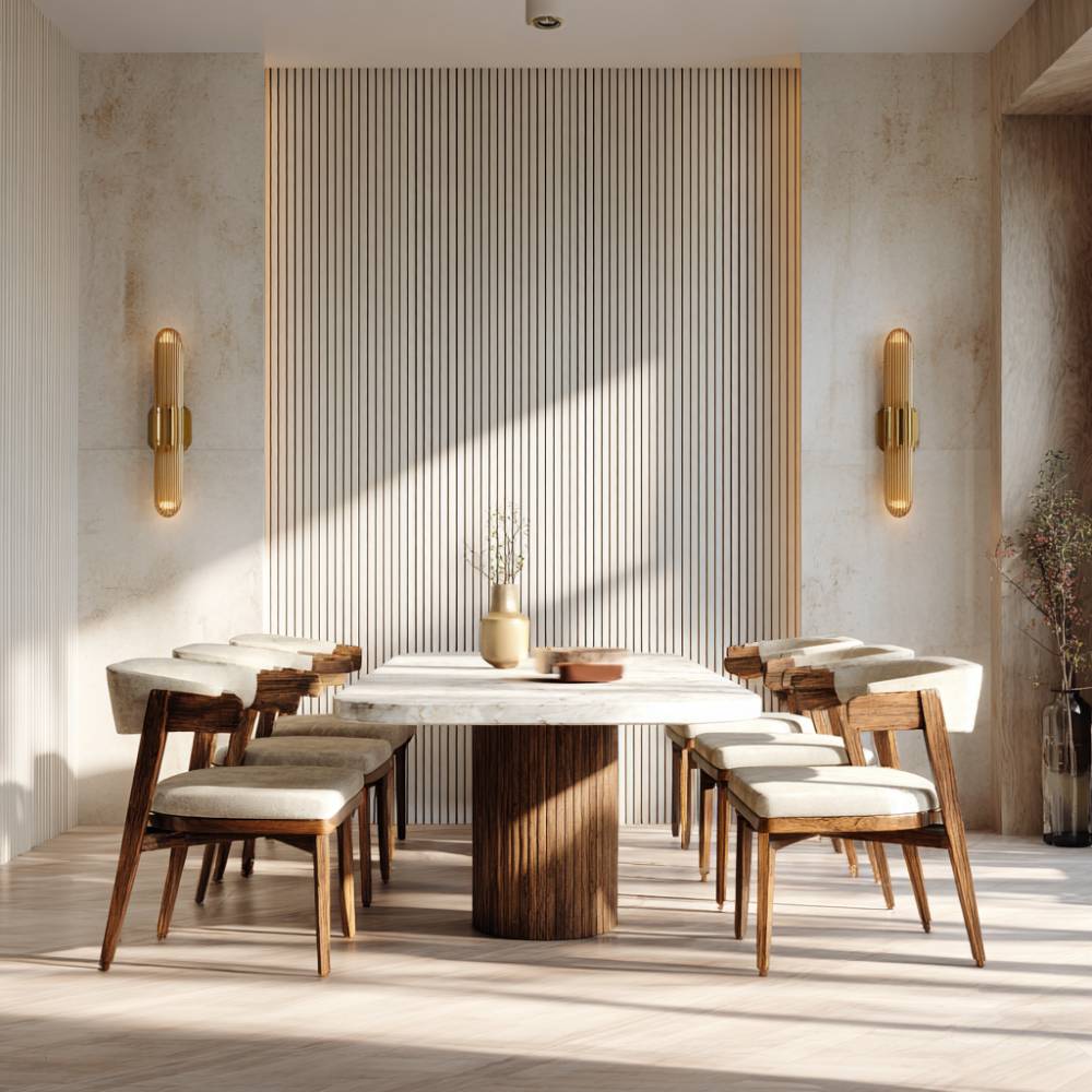 Scandinavian Dining Room Design with Marble Table and Vertical Wood ...