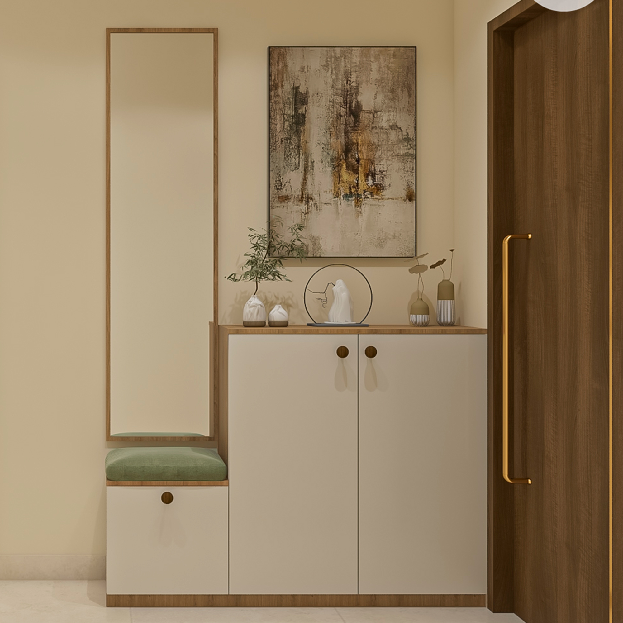 Contemporary Foyer Design with Built-In Green Tufted Seating Bench ...