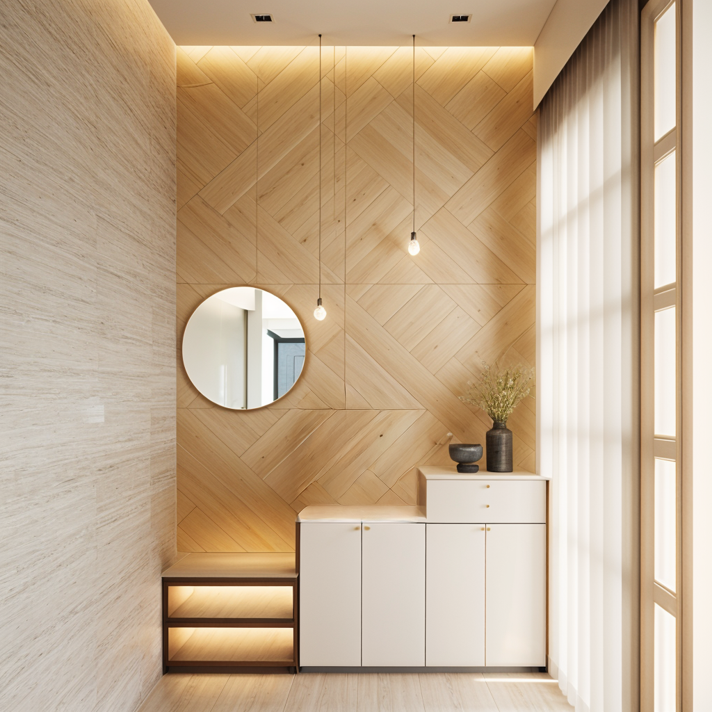 Contemporary Cream Walnut Foyer Design with Herringbone Feature Wall ...