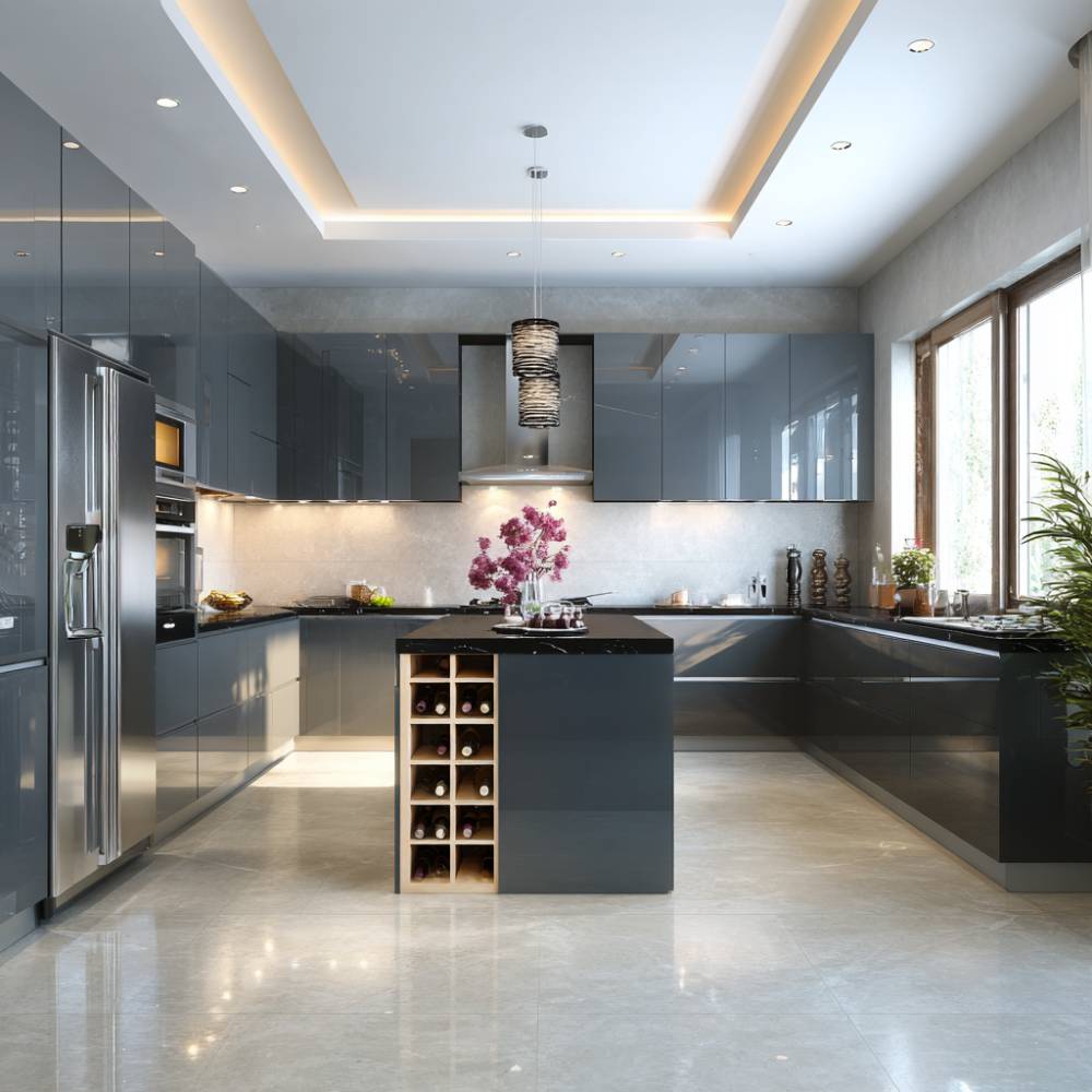 Modern Island Kitchen Design with Blue Cabinets and Granite Countertops ...