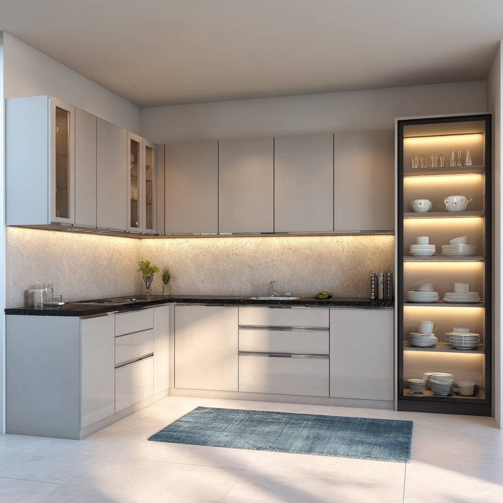 Modern Light Beige L-Shaped Kitchen Design with Granite Countertop and ...