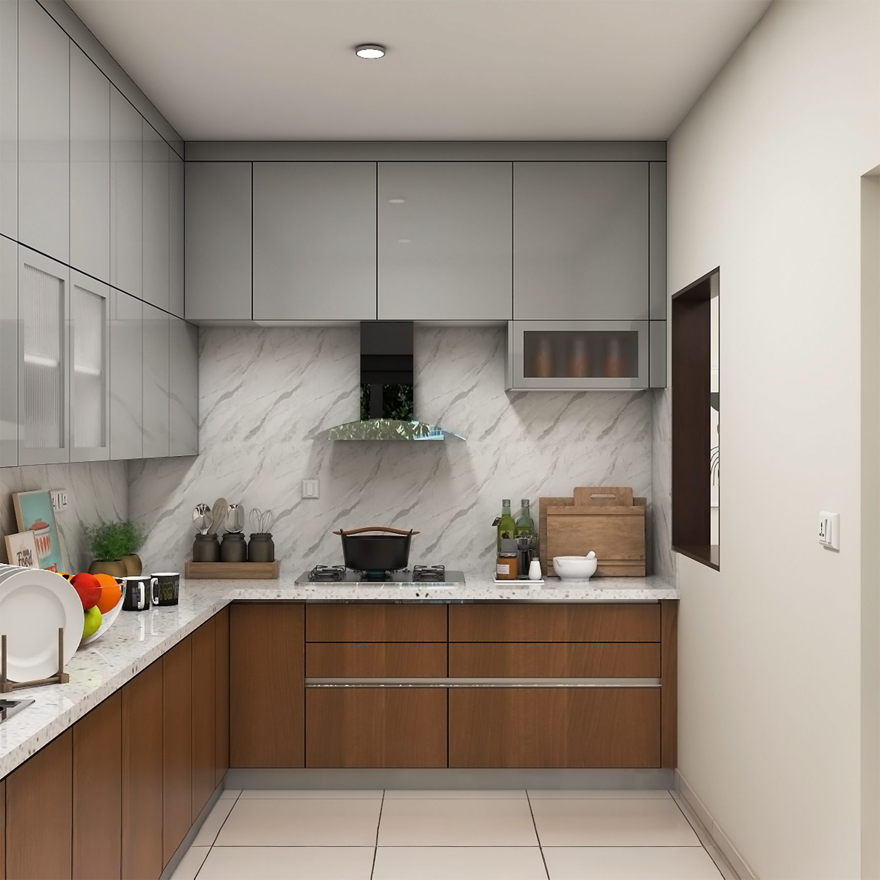 L-Shaped Contemporary Kitchen Design with Bronze and Grey Suede Finish ...