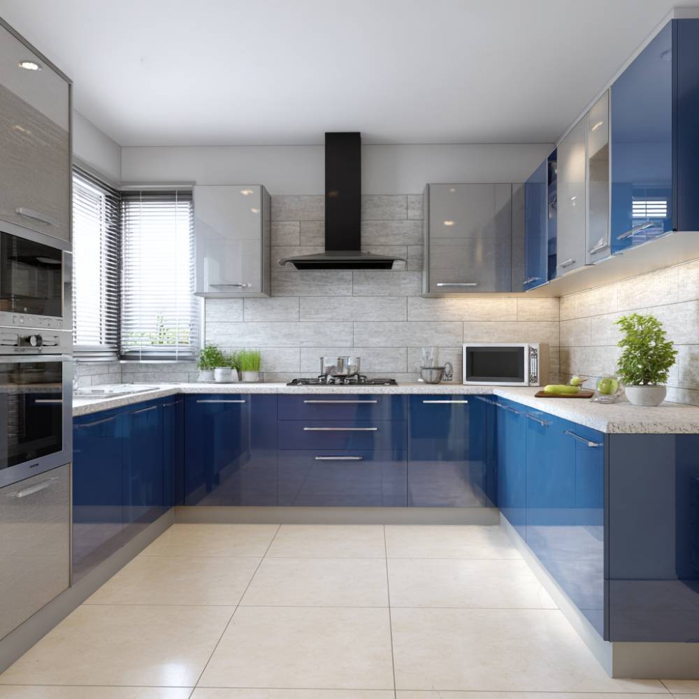 Contemporary Blue and Pearl U-Shaped Kitchen Design with Quartz ...