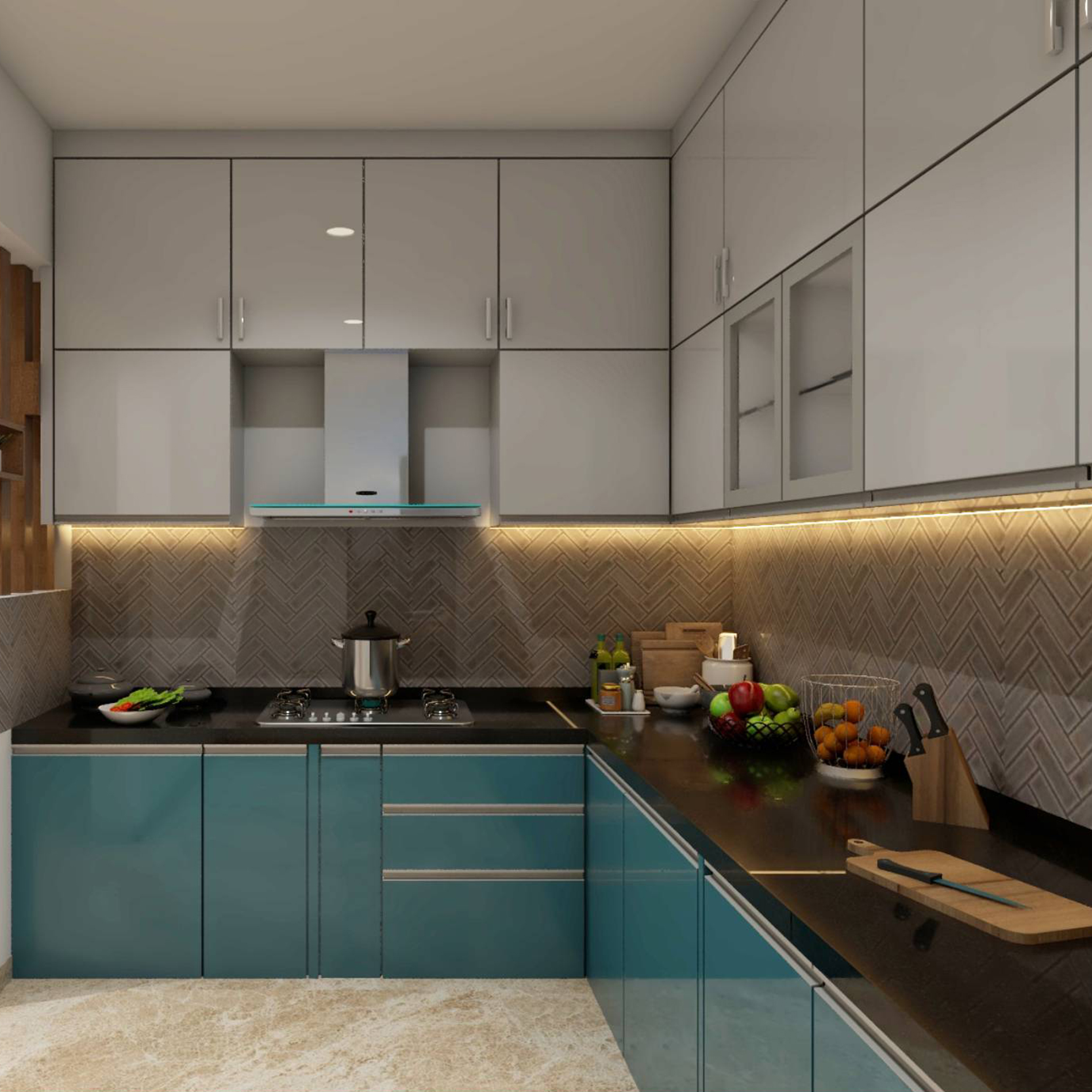 Contemporary Teal Base L-Shaped Kitchen Design with Glass Cabinets ...