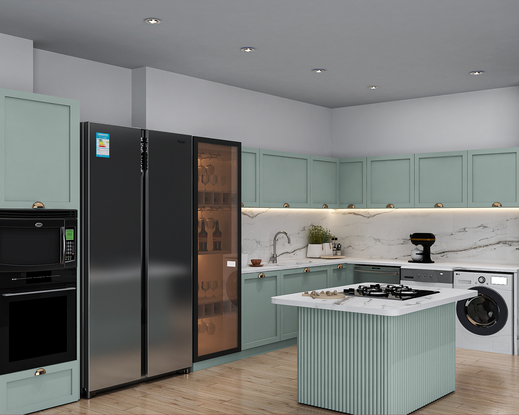 Denim Modern Island Kitchen Design with Beverage and Wine Storage ...