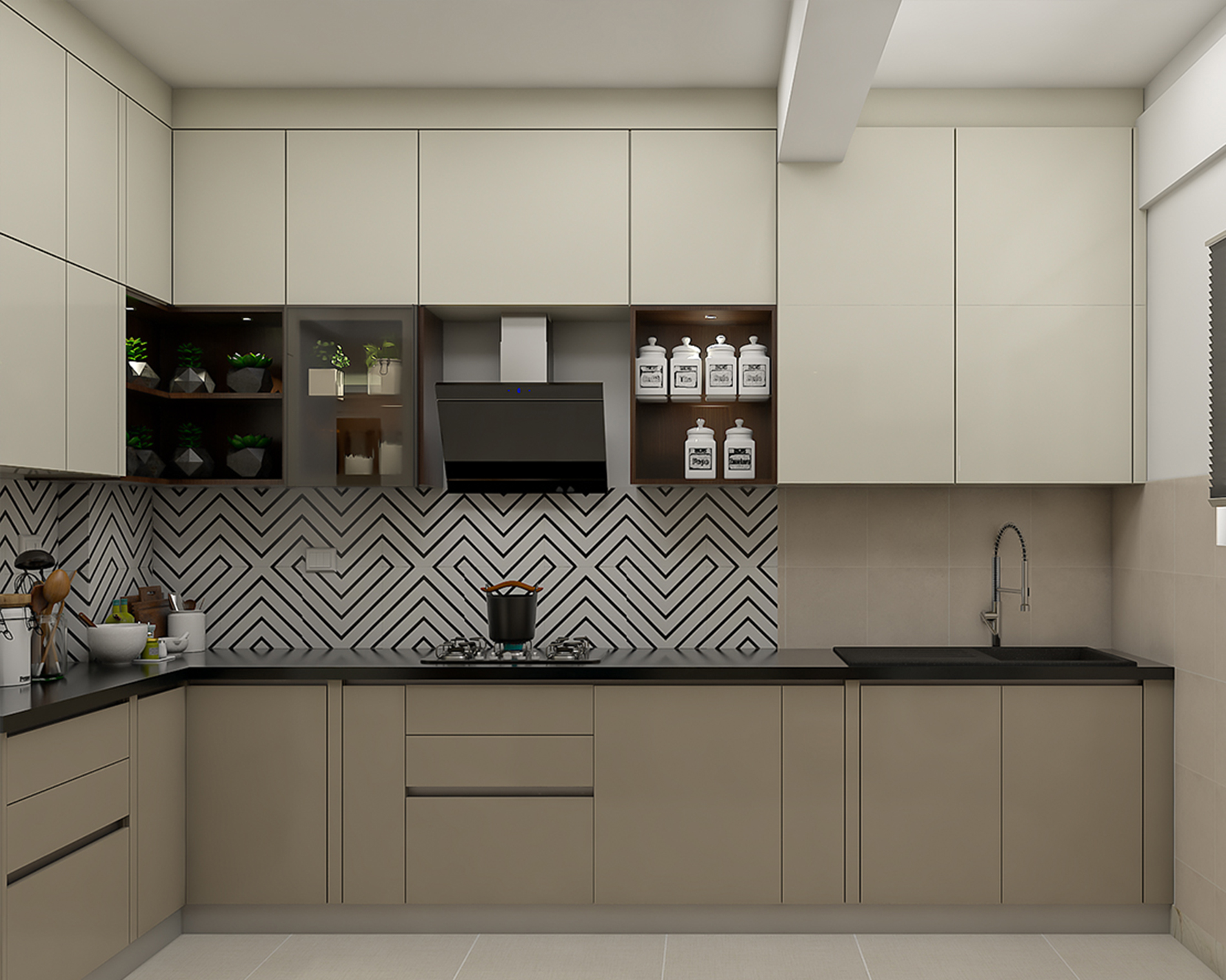 Cream and White Modern L-Shaped Kitchen Design with Herringbone ...