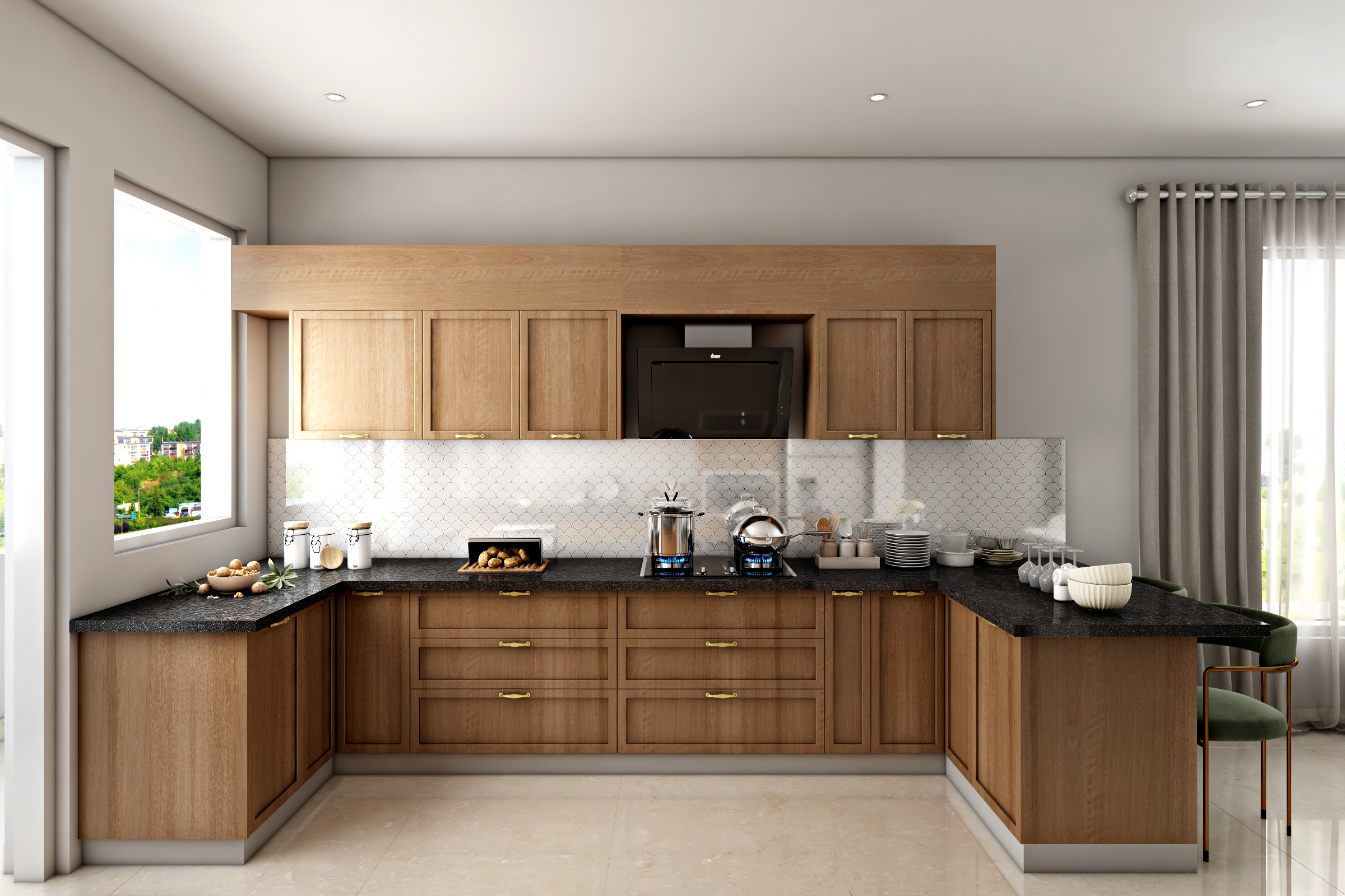U-Shaped Classic Kitchen Design with Granite Countertop and Open Pantry ...