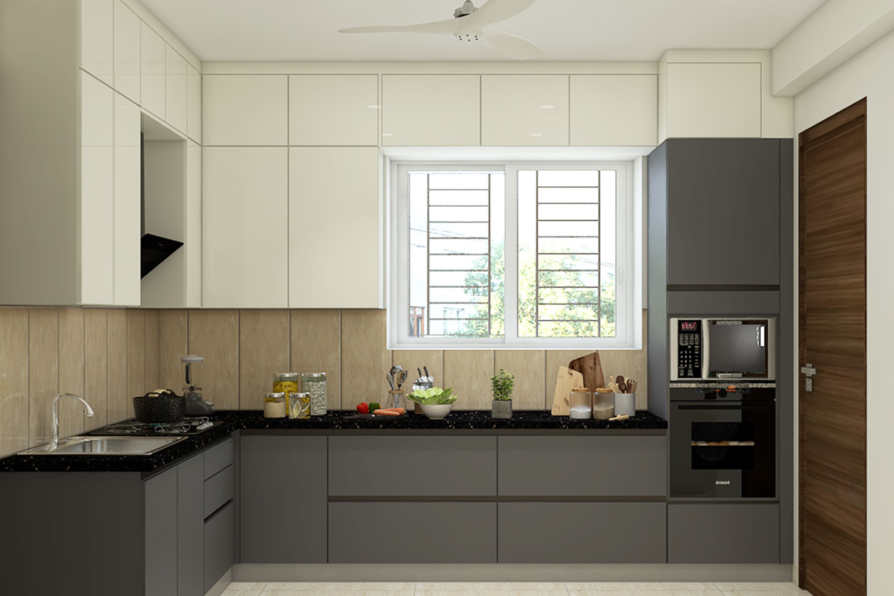 L-Shaped Contemporary Kitchen Design with Coffee Niche and Larder ...