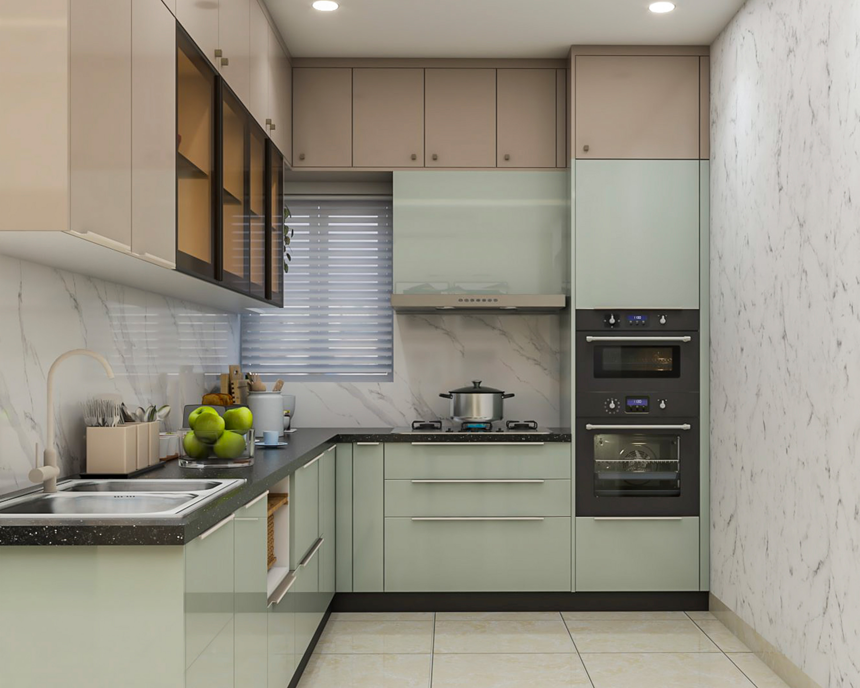 Modern Sage Green L-Shaped Kitchen Design with Tall Pantry Storage ...