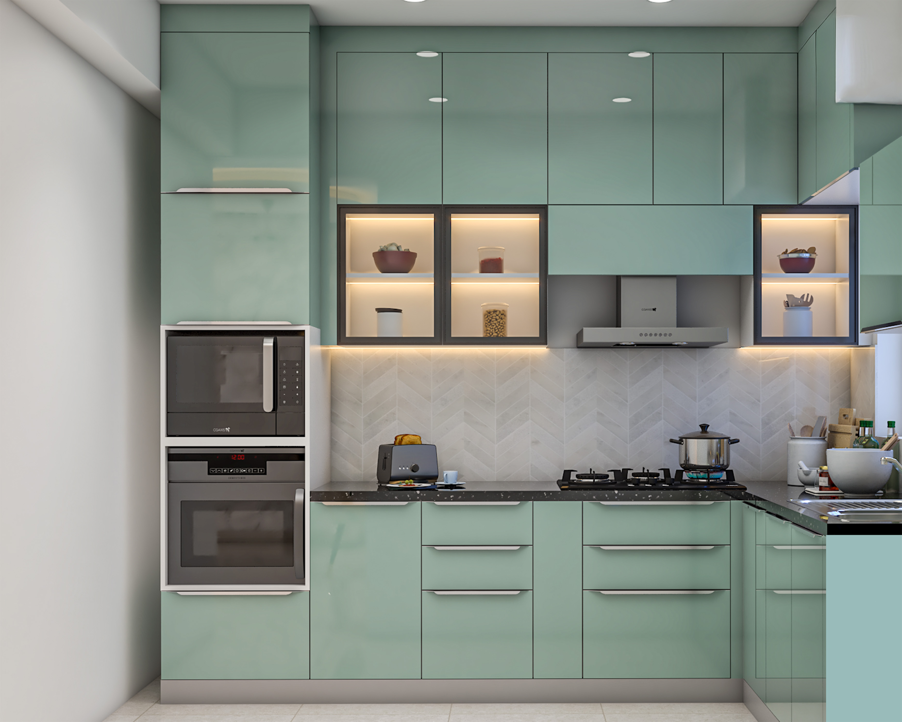 Modern Mint Green L-Shaped Kitchen Design with Glass Display Niches ...