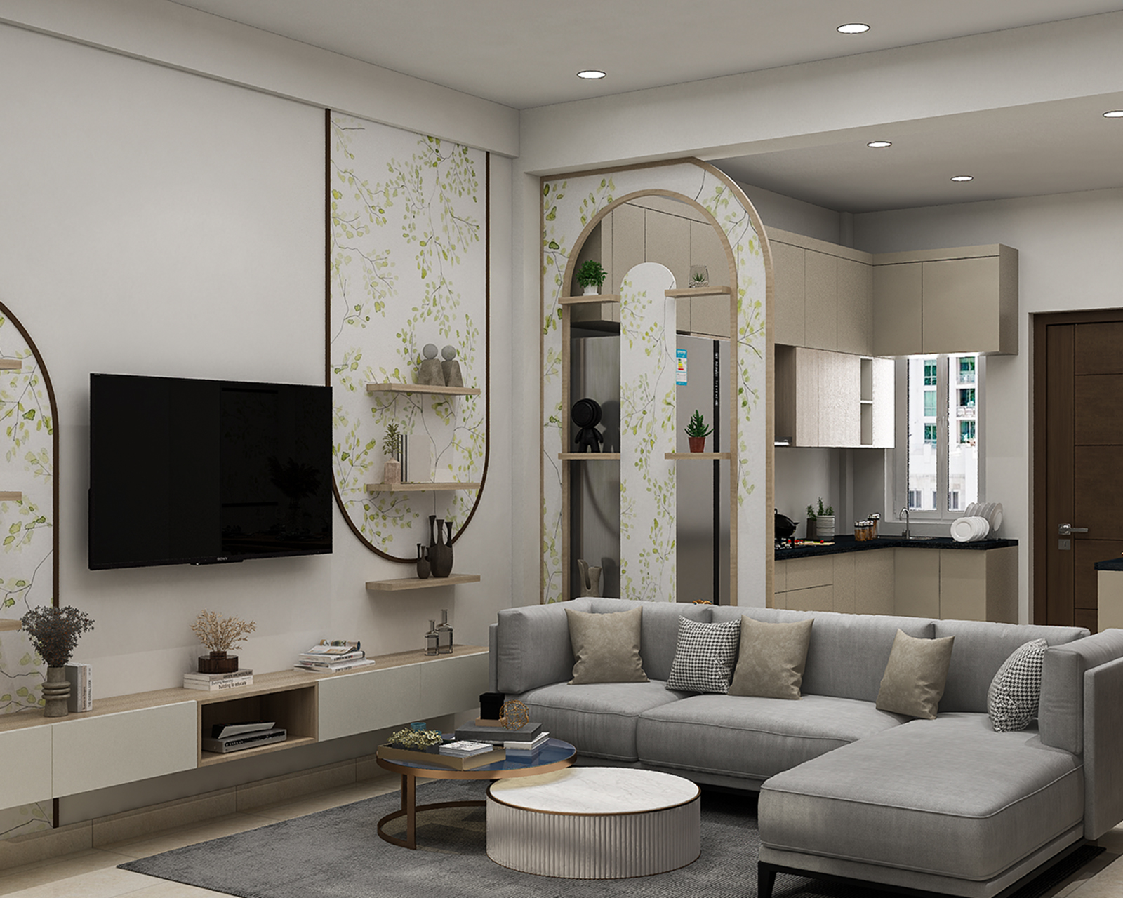 Living Room Design with Modern Grey L-Shaped Sectional Sofa and ...