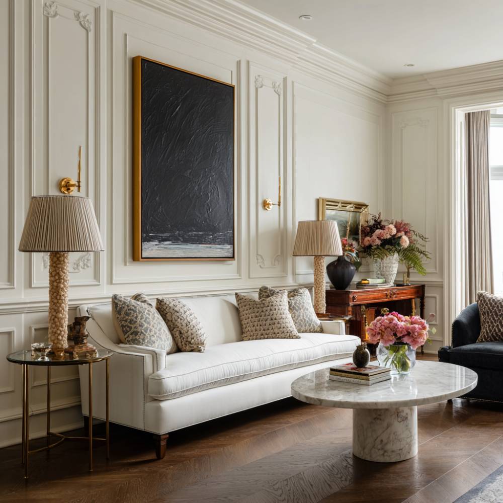 Minimal Living Room Design with White Sofa and Marble Coffee Table ...