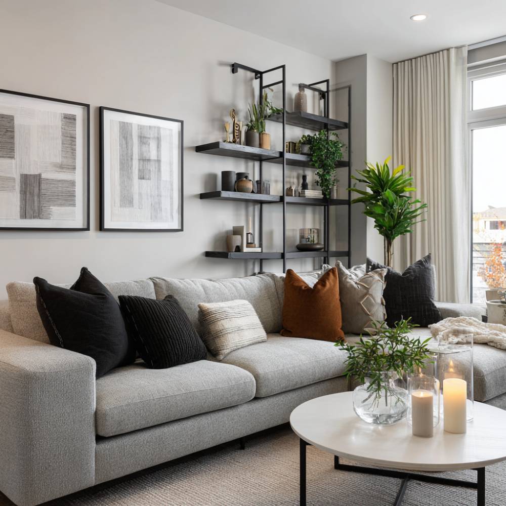 Modern Living Room Design with Grey Sectional Sofa and Tall Shelving ...