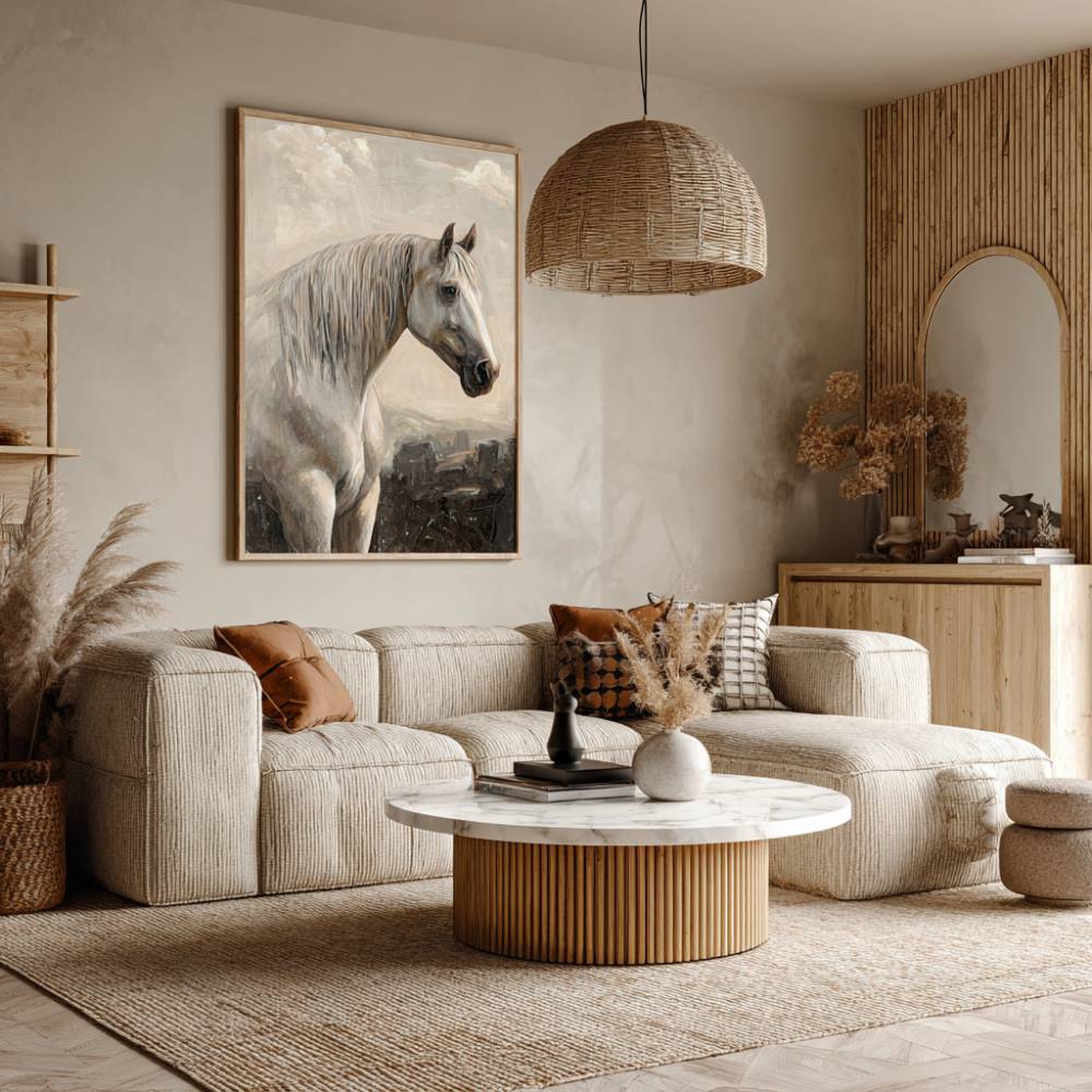 Scandinavian Living Room Design with Beige Textured L-Shaped Sofa ...