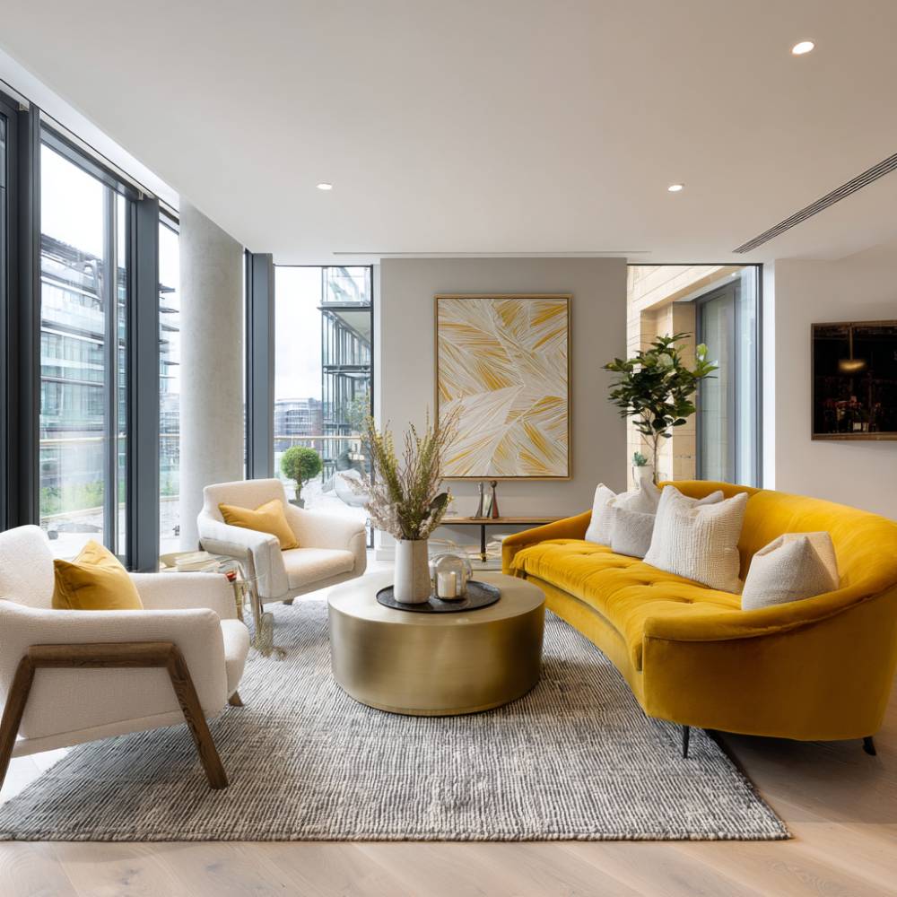 Modern Mustard Velvet Living Room Design with Curved Sofa and Armchairs ...
