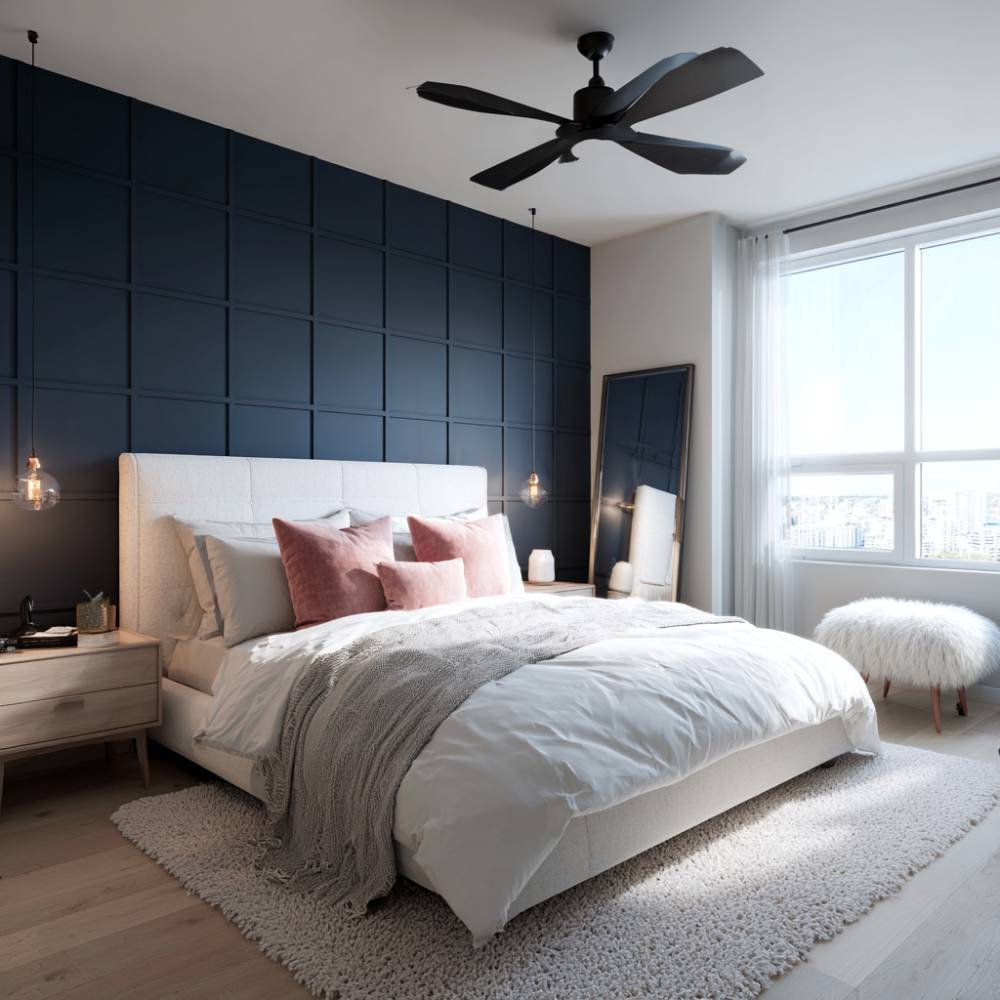 Modern Navy Blue Bedroom Wall Paint Design with Grid Panels | Livspace